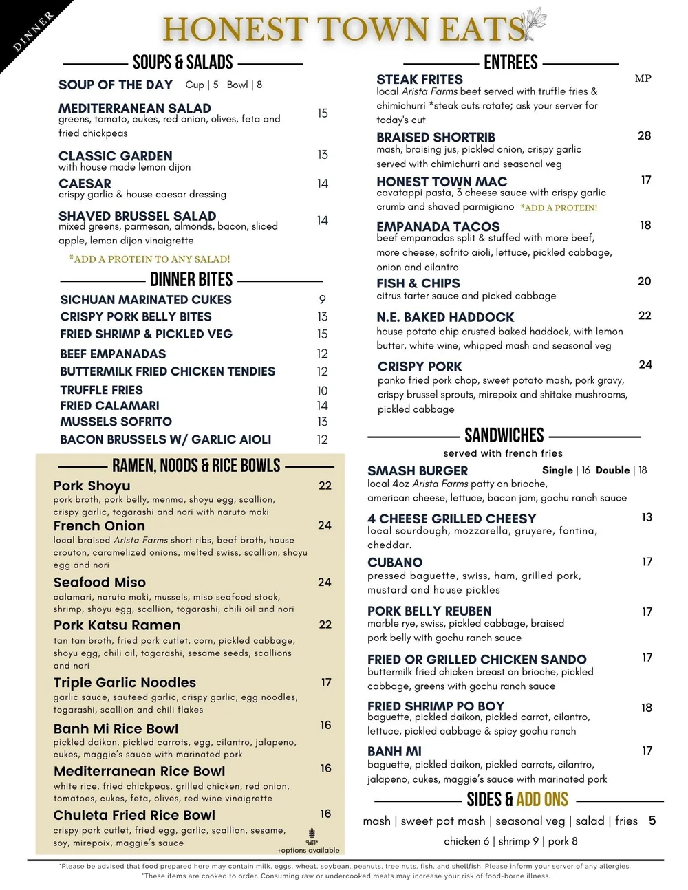 Menu — Honest Town Eats