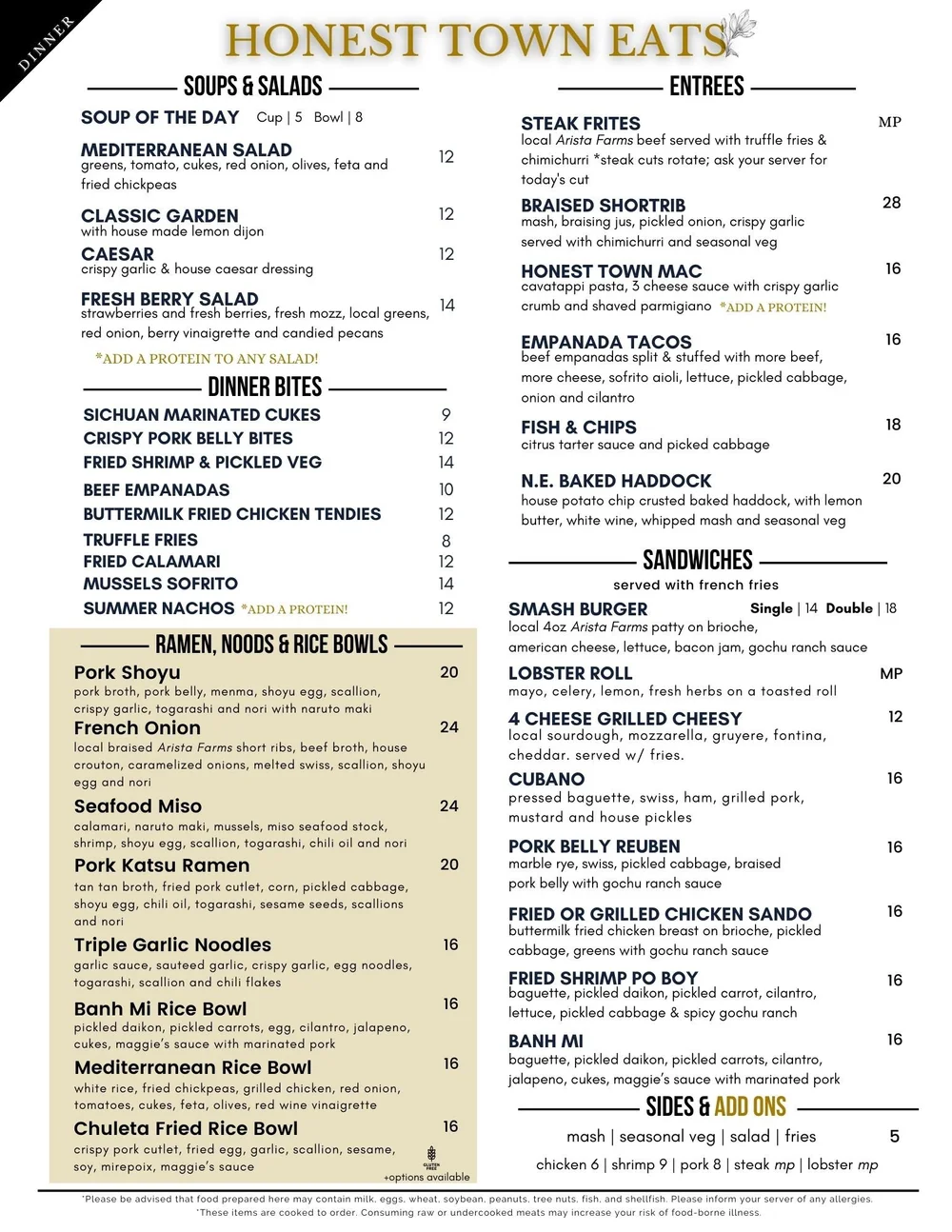 Menu — Honest Town Eats