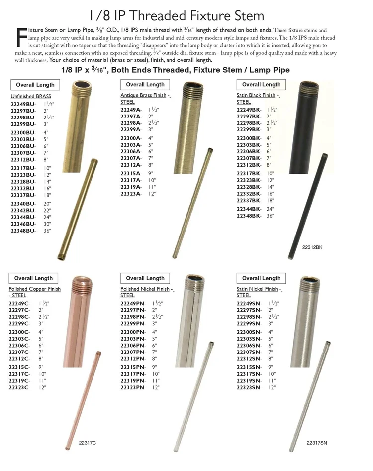 Threaded Pipes / lamp Rods/ Nipples / Tubing | Lamp Repair | Lamp Parts ...
