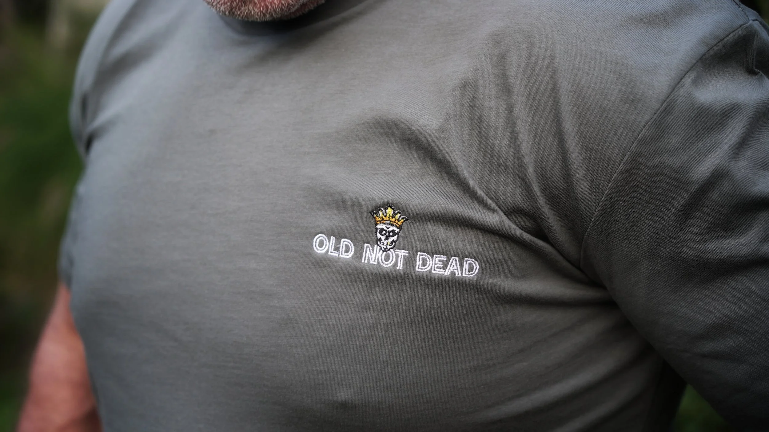 T shirt - Grey/Green - Old Not Dead Embroidery. "Old Not Dead" Text On ...