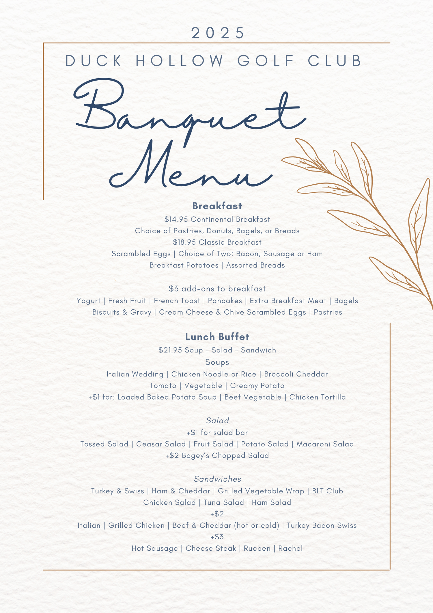 Banquet Menu — Duck Hollow GC