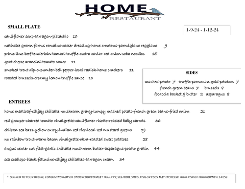 Menu 1 — Home Restaurant