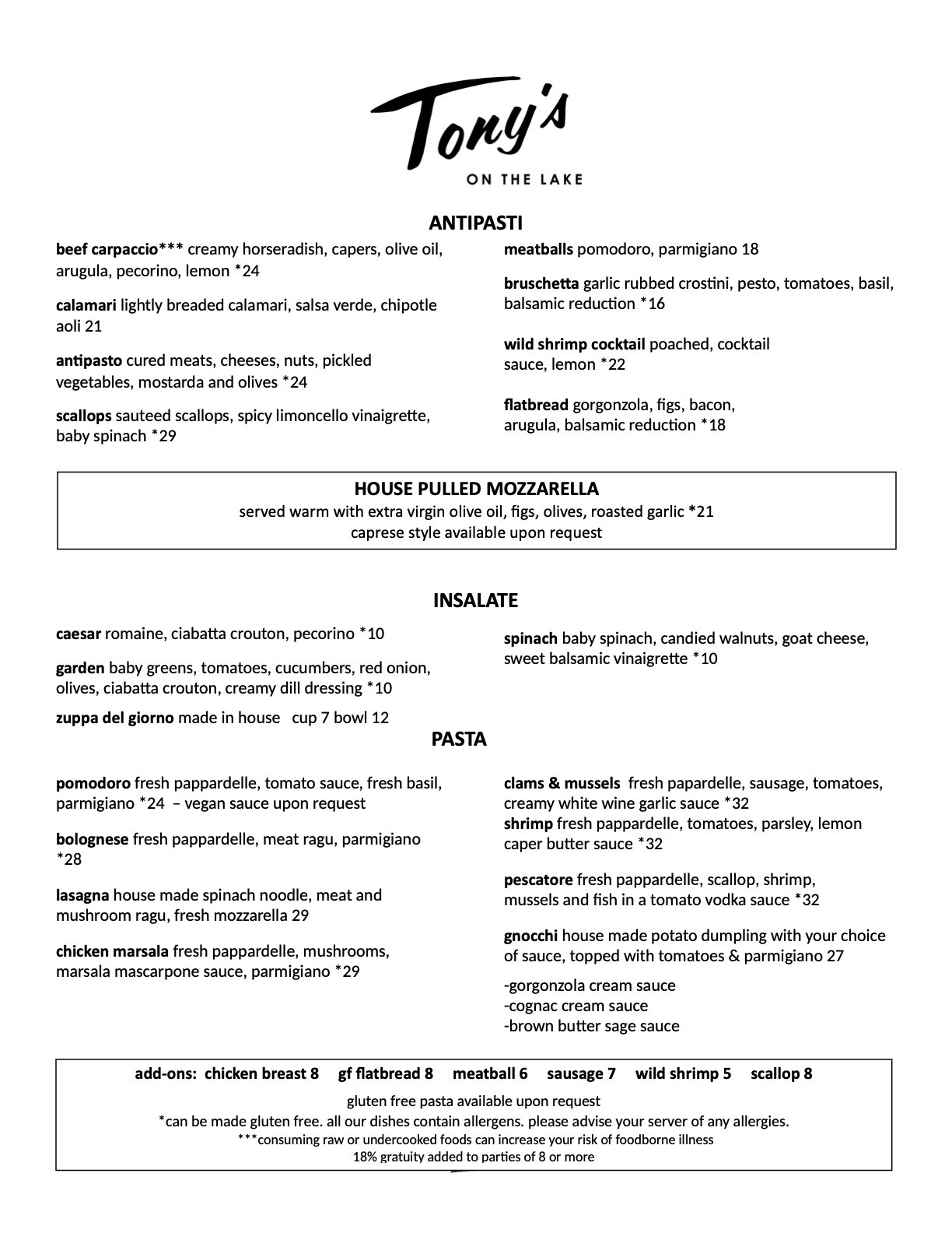 Menu — Tony's Italian Inspired Cuisine