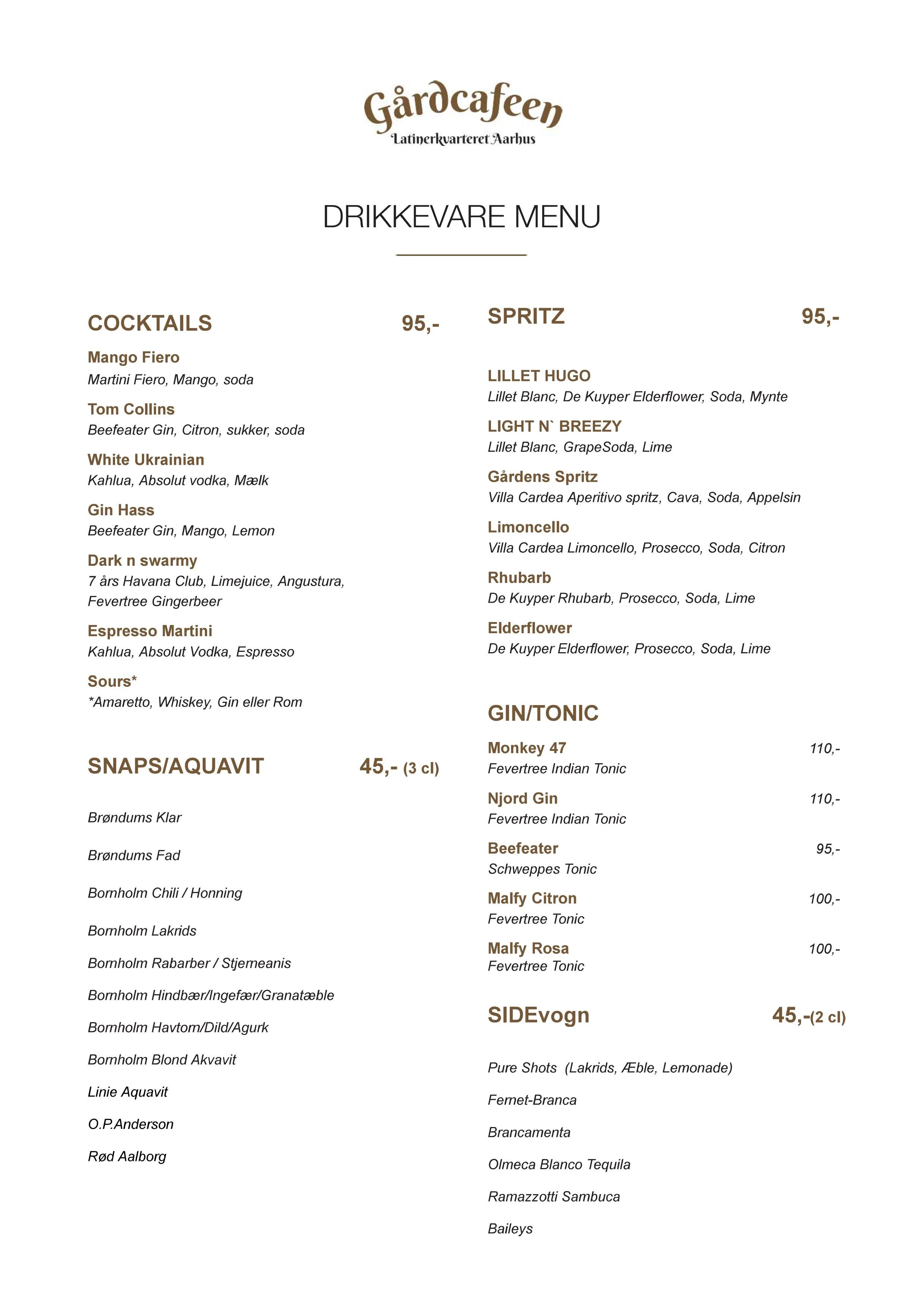 Se GårdCafeens drikkevare menu — GårdCafeen