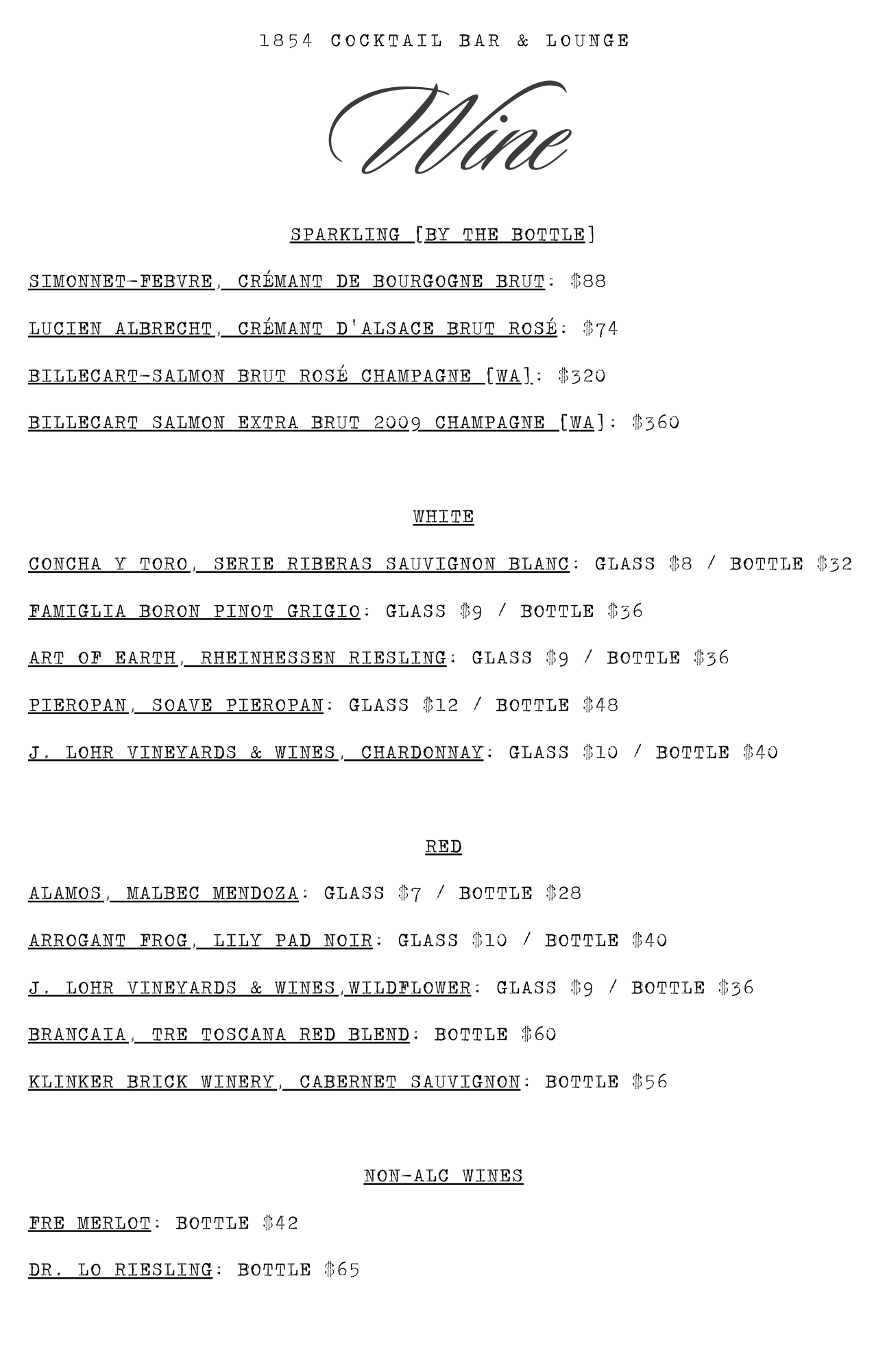 Menus — 1854 Cocktail Bar & Lounge