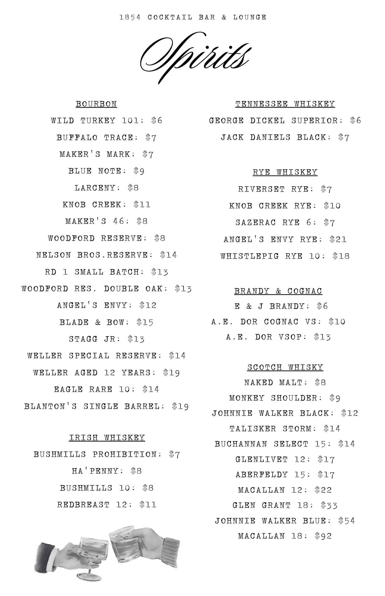 Menus — 1854 Cocktail Bar & Lounge