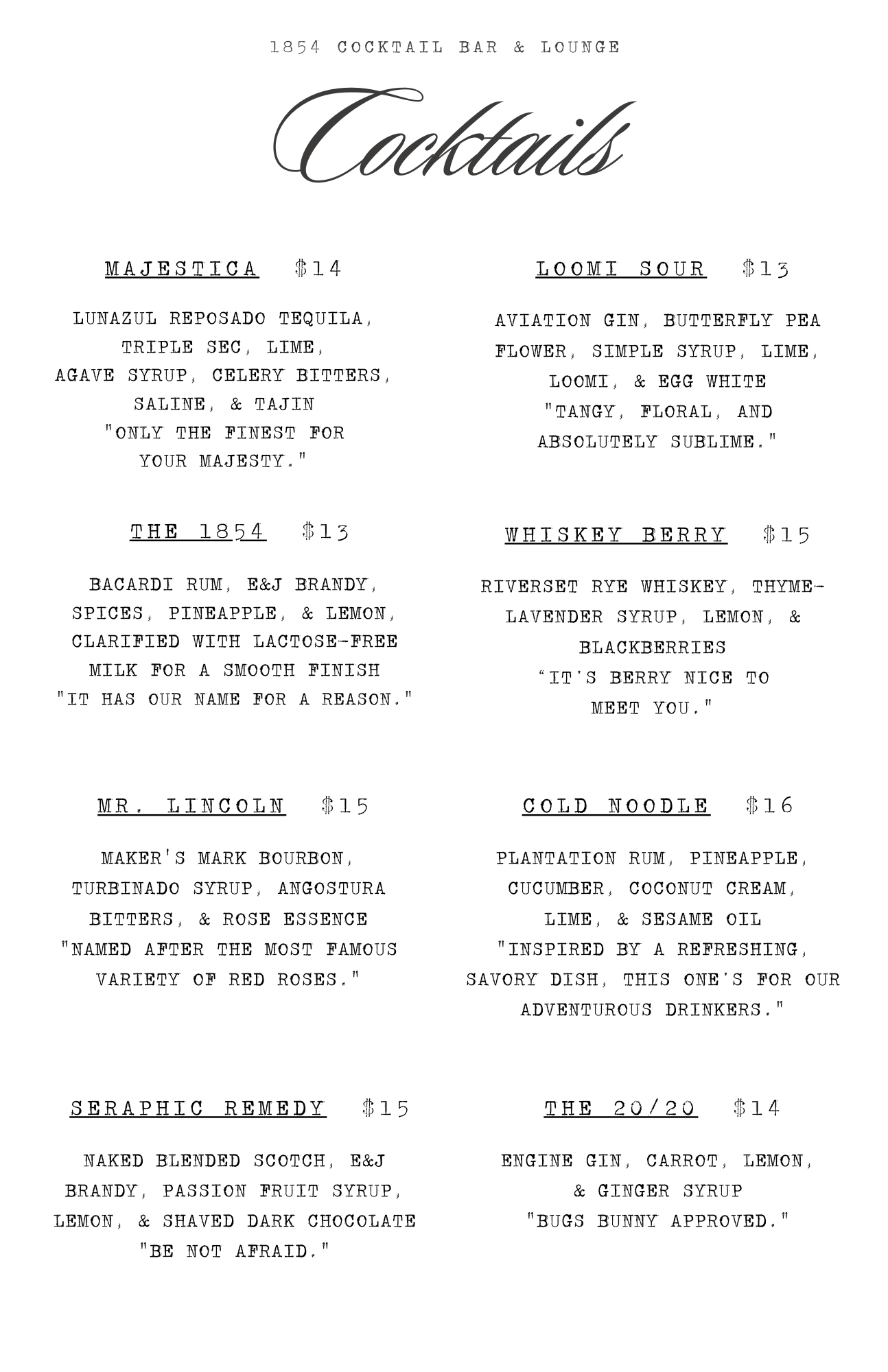 Menus — 1854 Cocktail Bar & Lounge