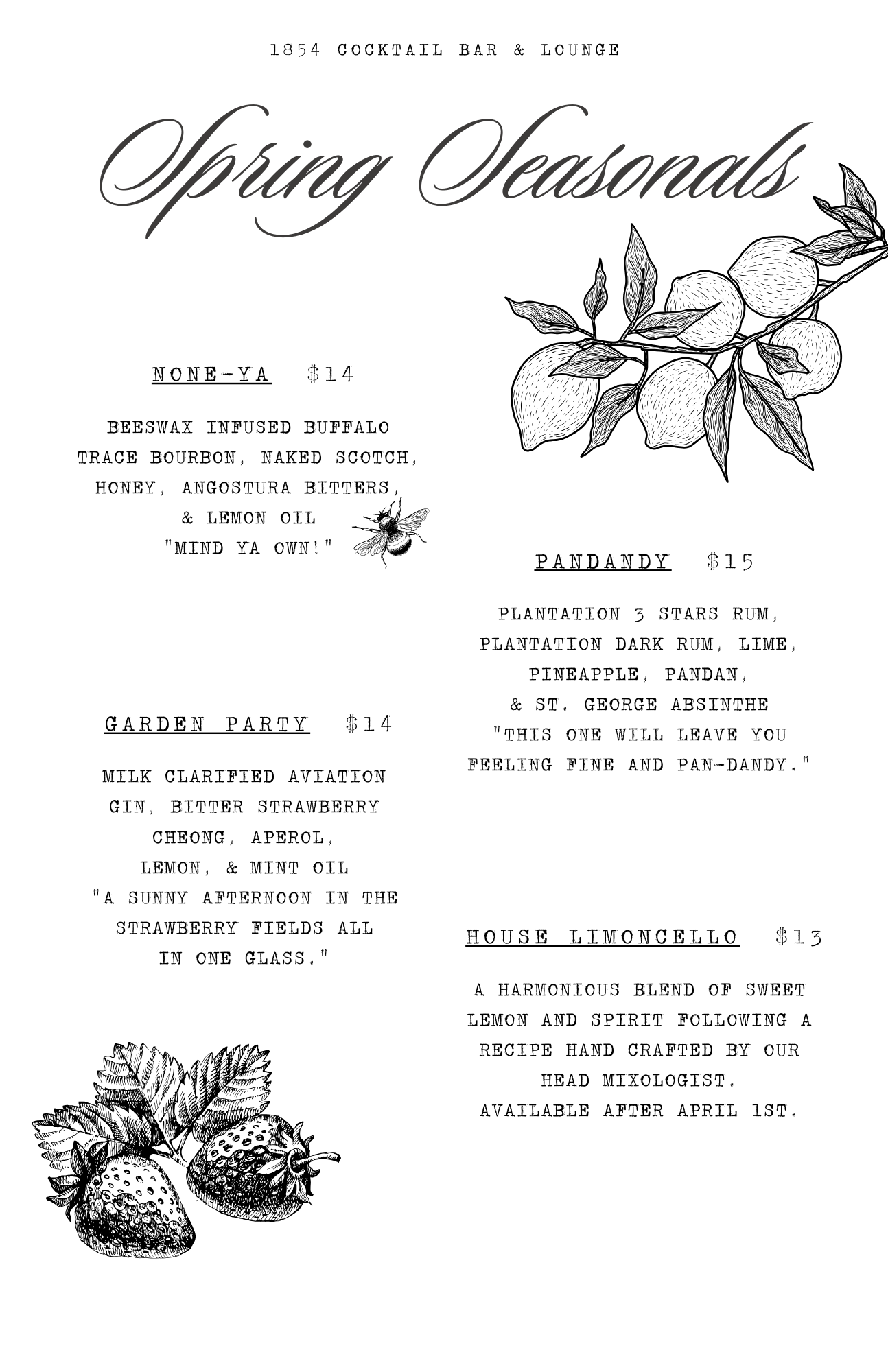 Menus — 1854 Cocktail Bar & Lounge