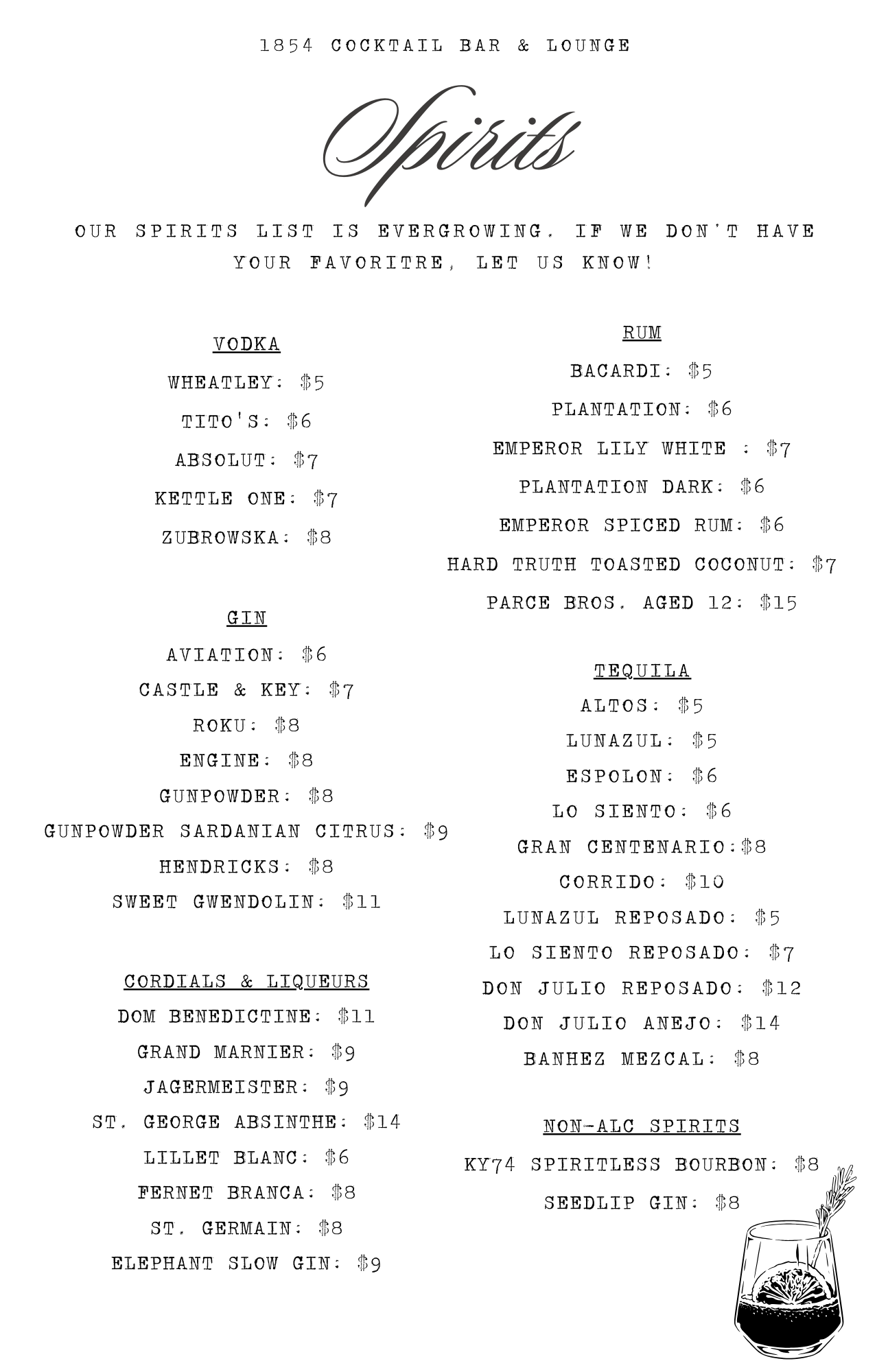 Menus — 1854 Cocktail Bar & Lounge