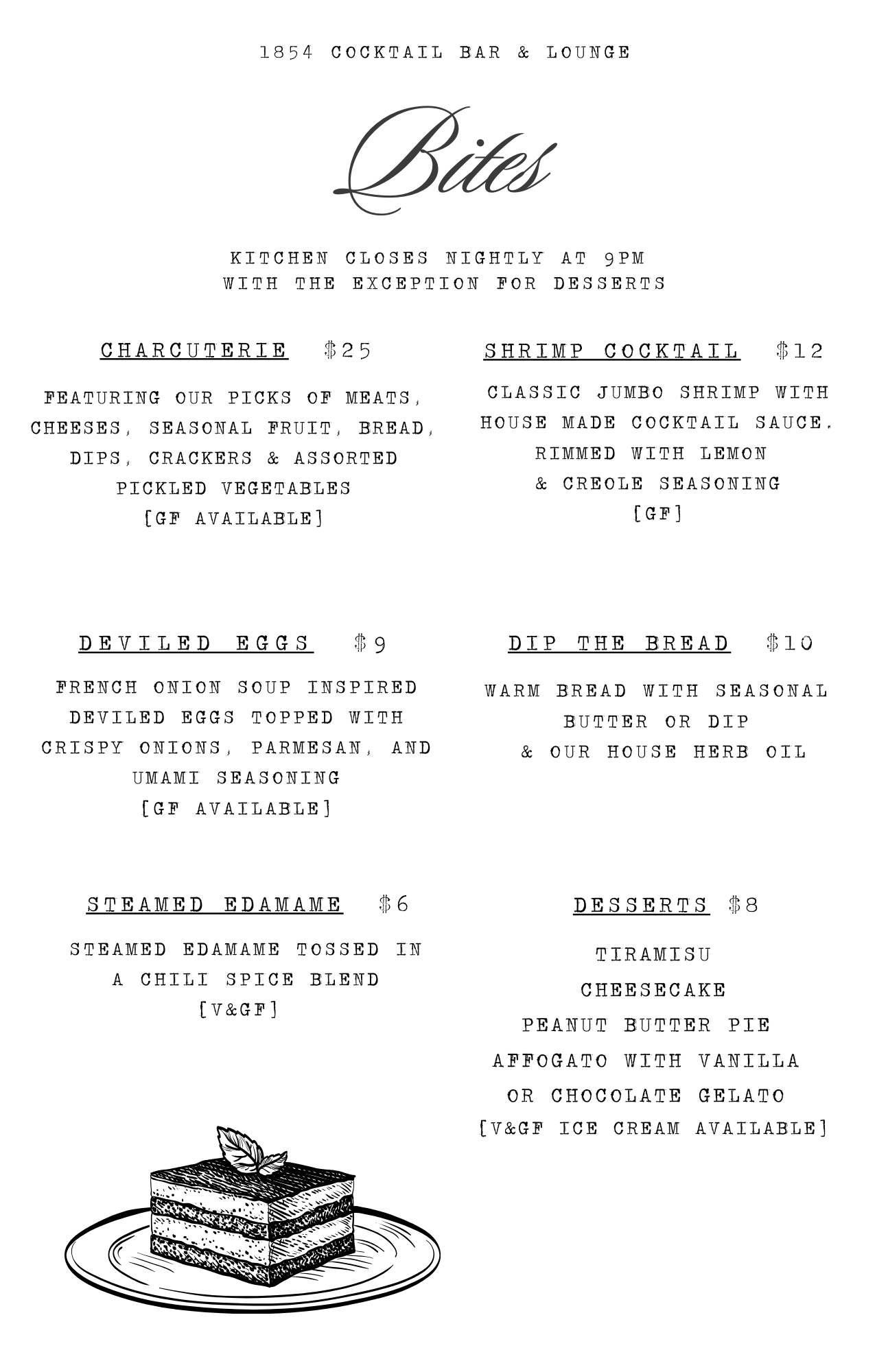 Menus — 1854 Cocktail Bar & Lounge
