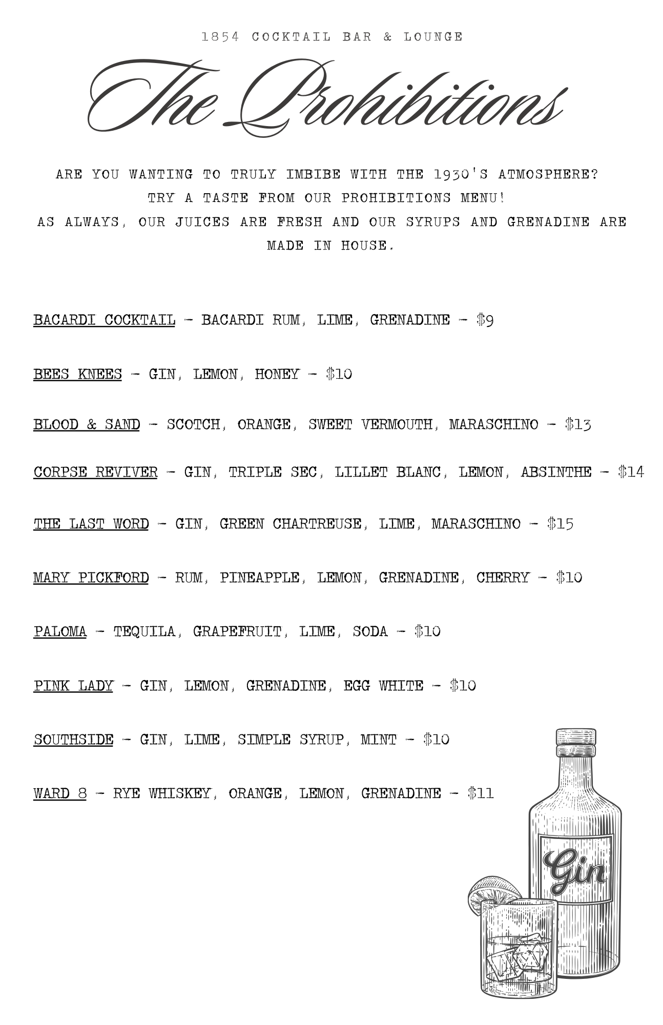 Menus — 1854 Cocktail Bar & Lounge