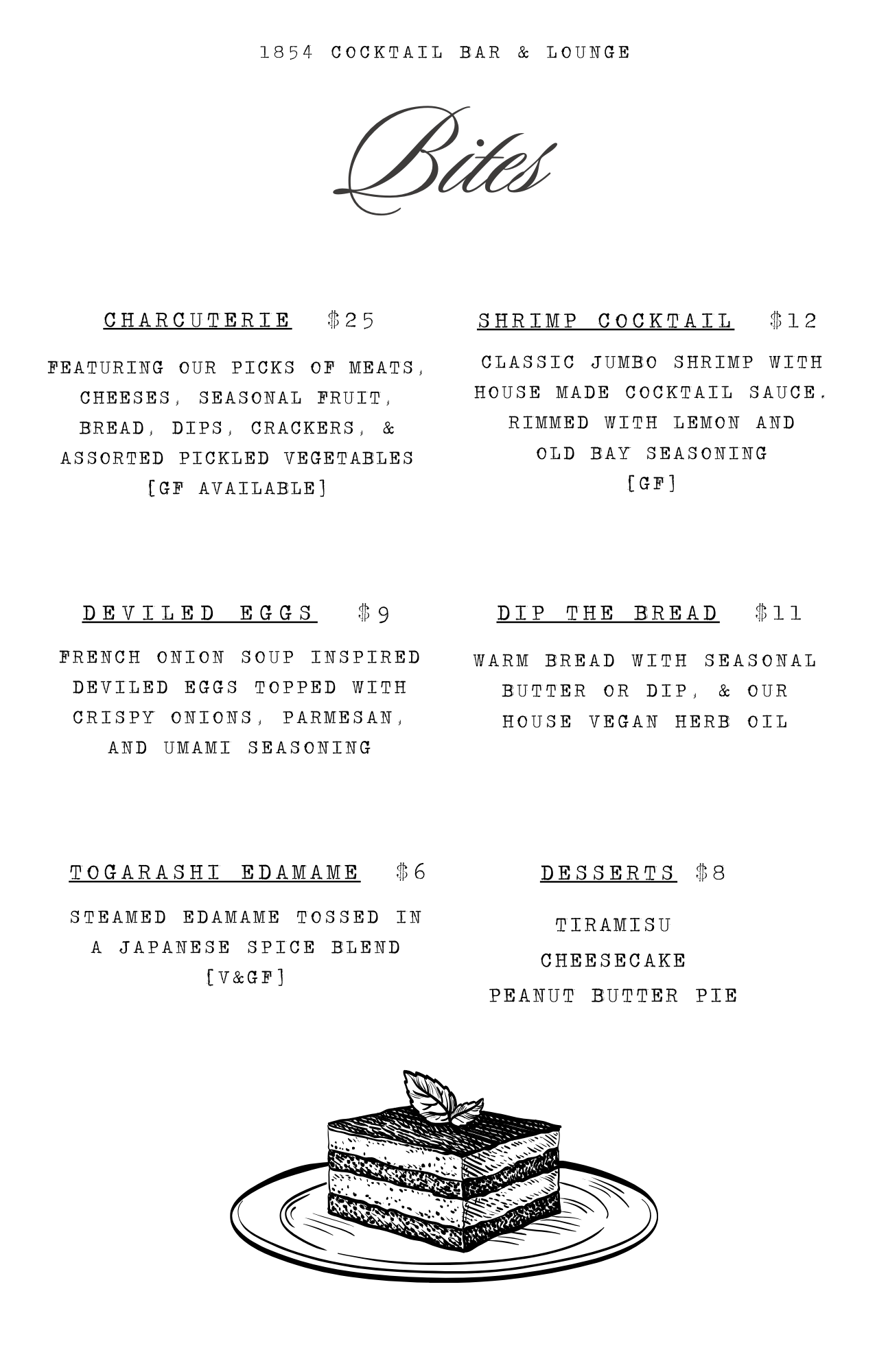 Menus — 1854 Cocktail Bar & Lounge