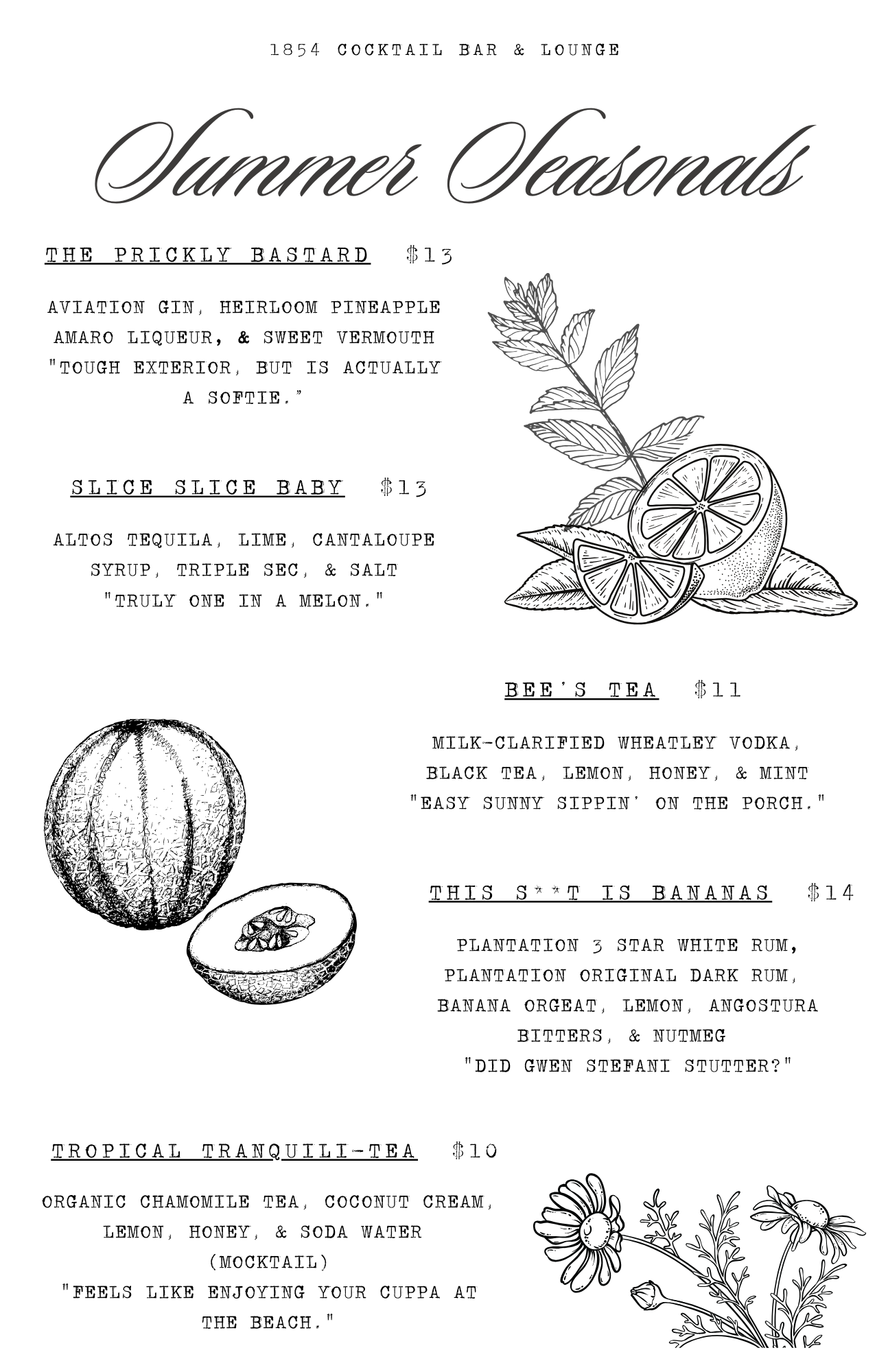 Menus — 1854 Cocktail Bar & Lounge