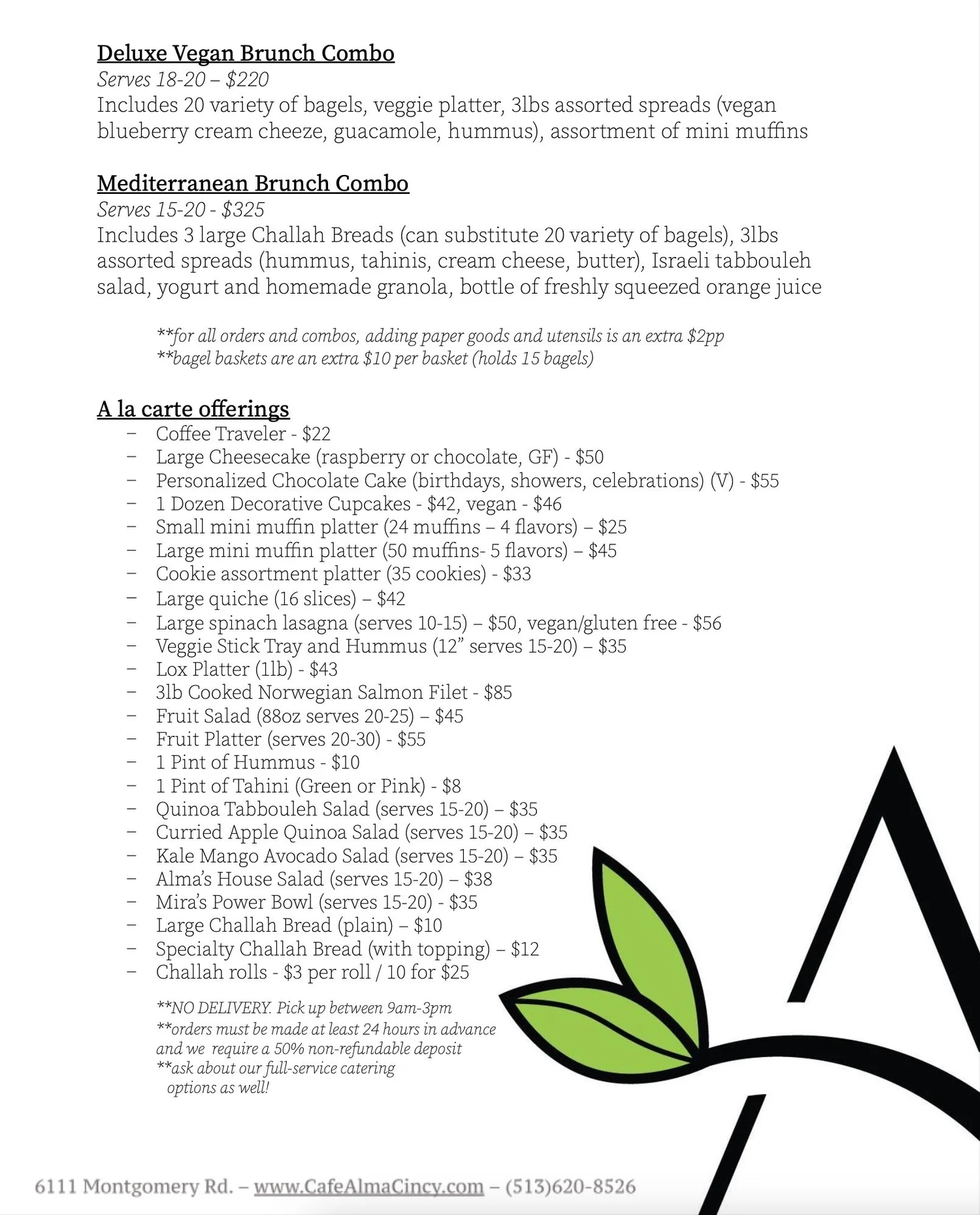 To-Go Platters Menu — Café Alma Cincy