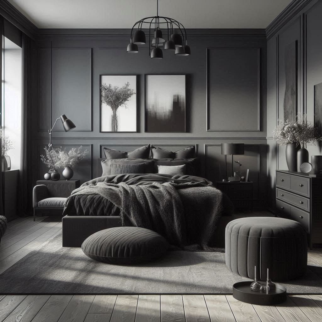 Grey walls black furniture bedroom store