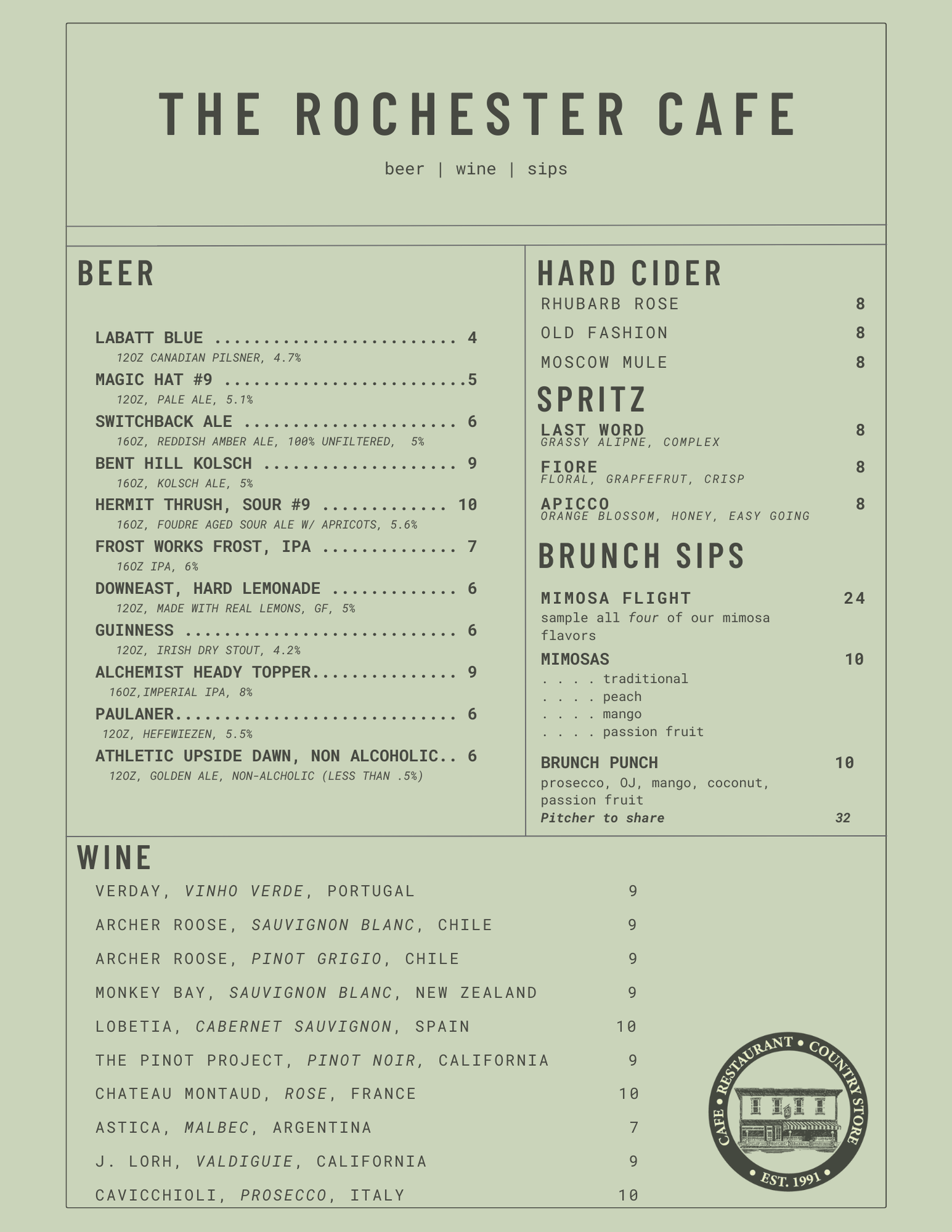 Our Menus — Rochester Cafe & Country Store