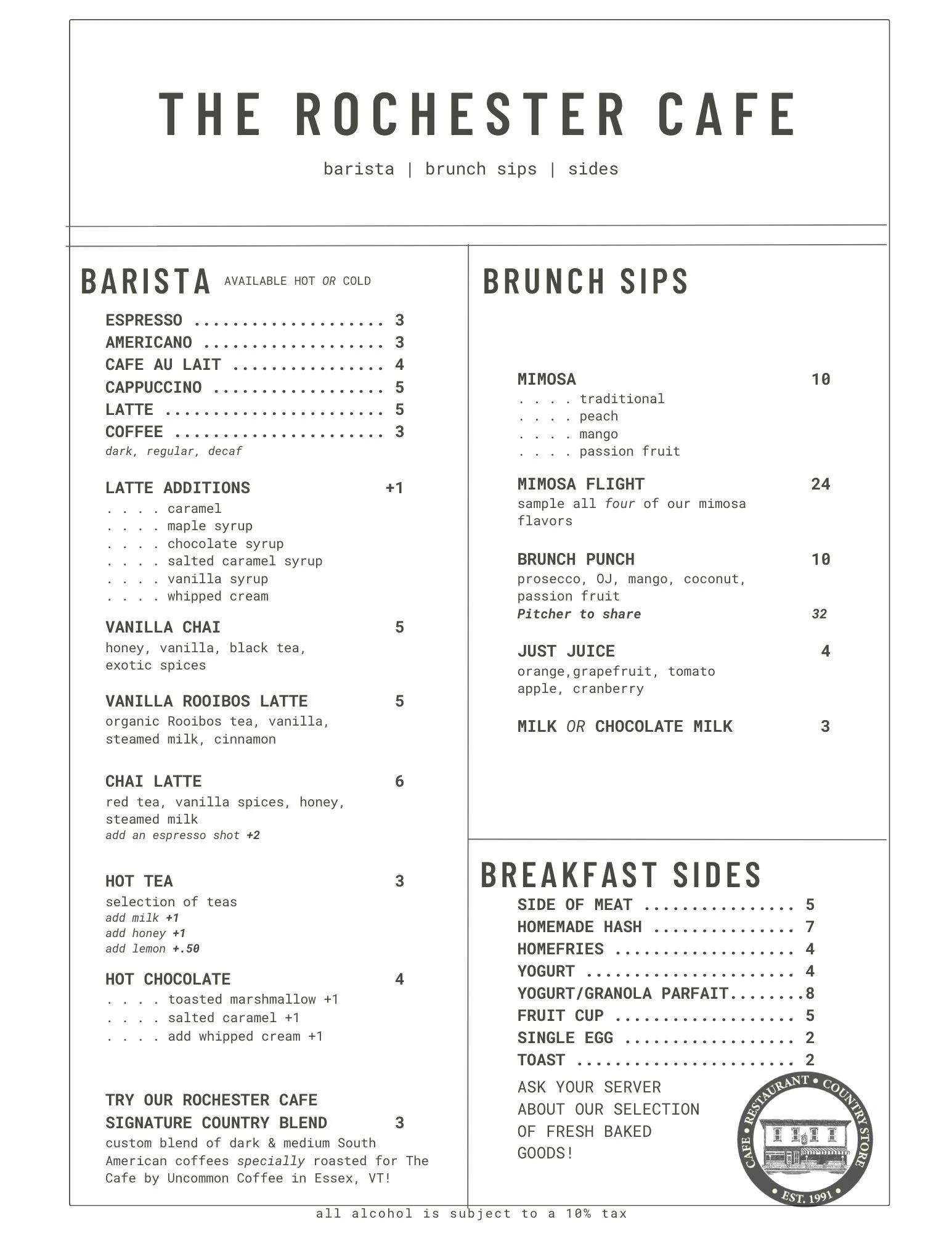 Our Menus — Rochester Cafe & Country Store