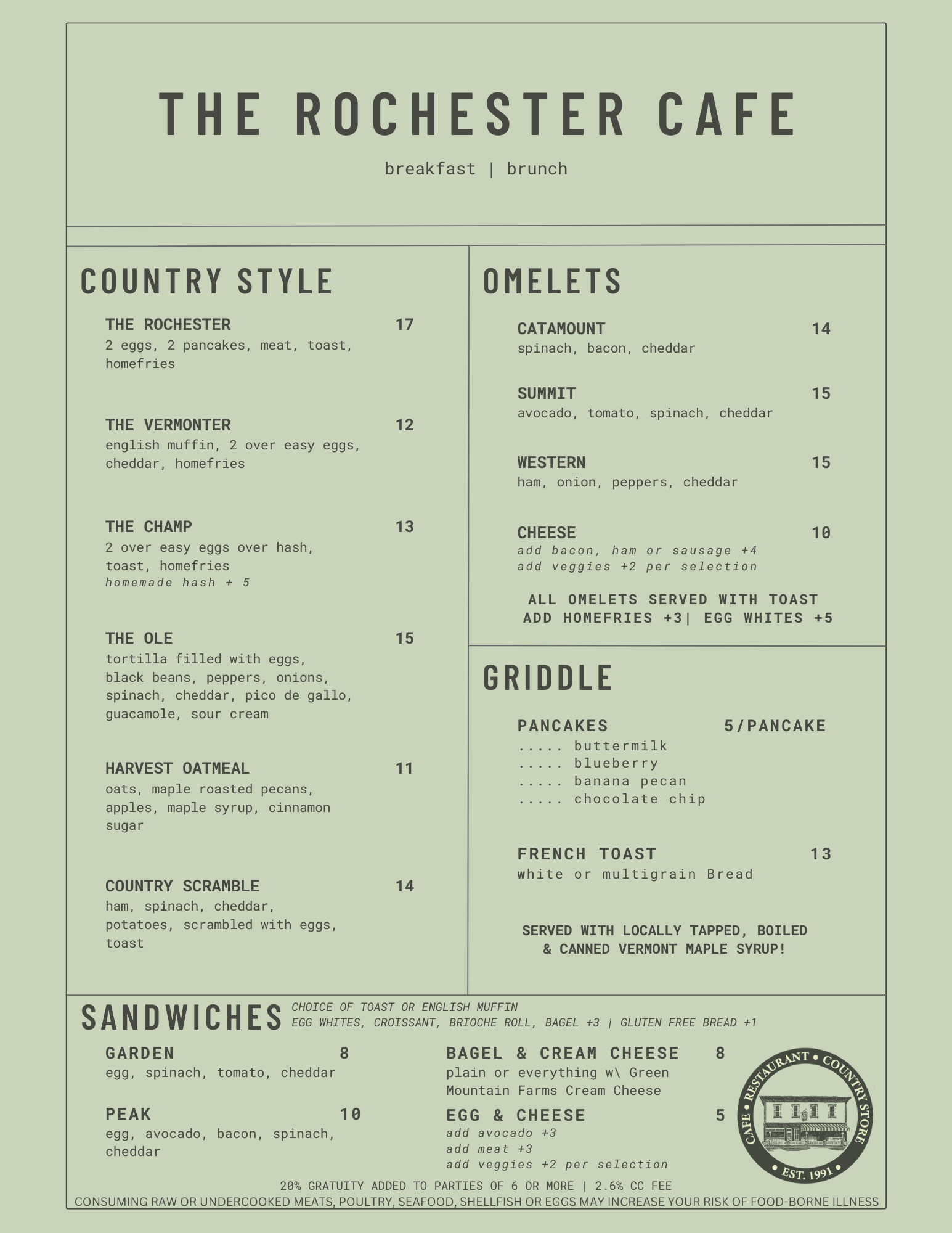 Our Menus — Rochester Cafe & Country Store