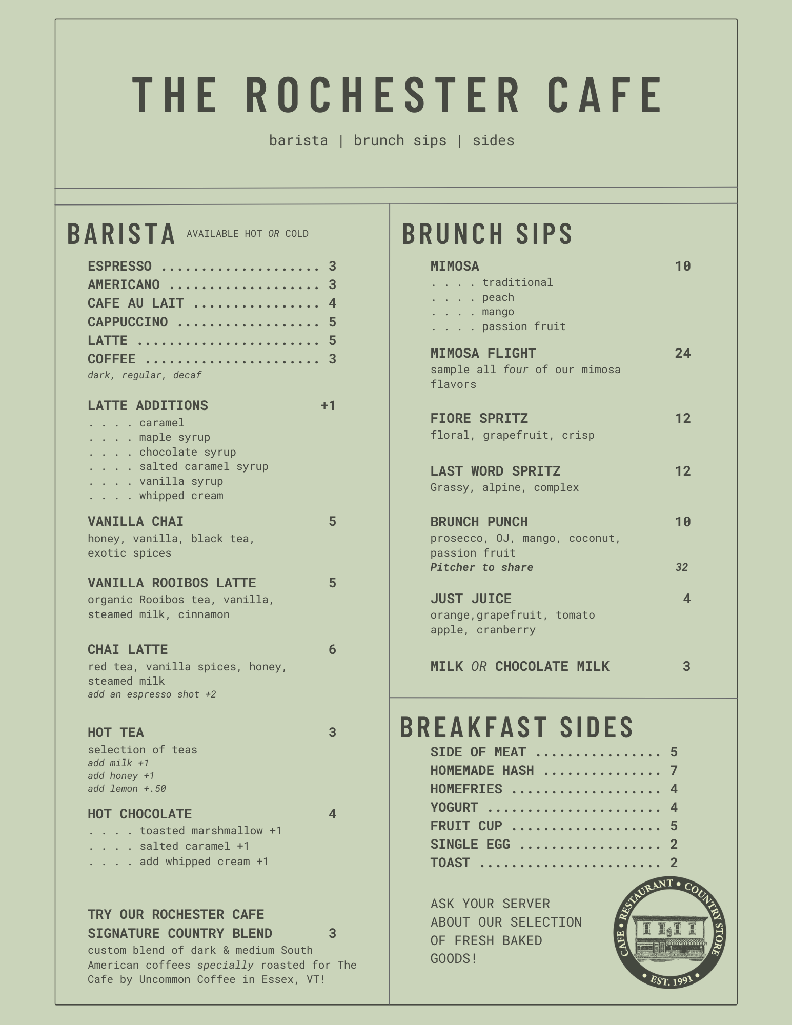 Our Menus — Rochester Cafe & Country Store