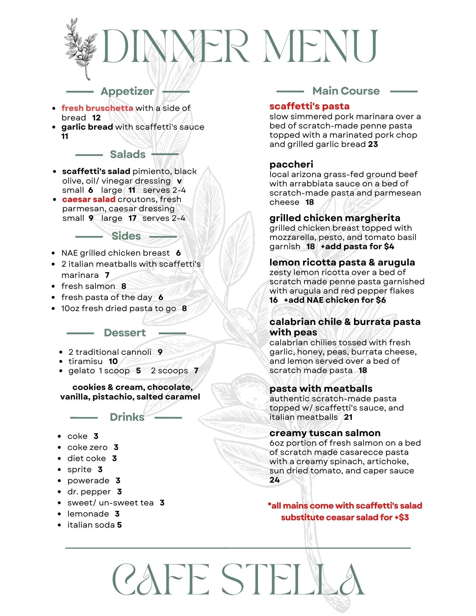 Dinner Menu — Cafe Stella
