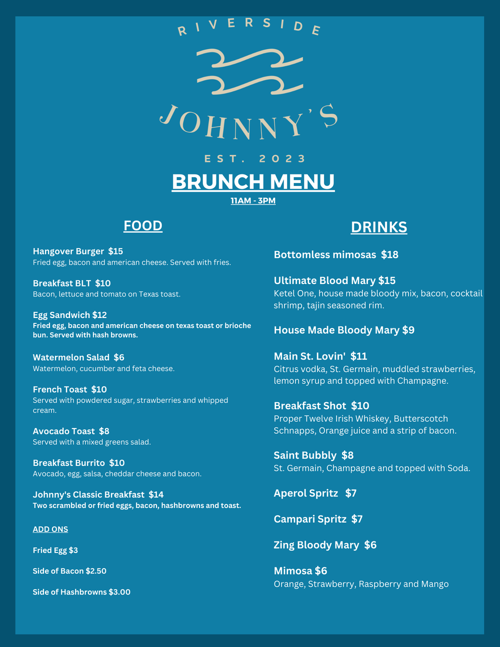 Menu — Riverside Johnny's