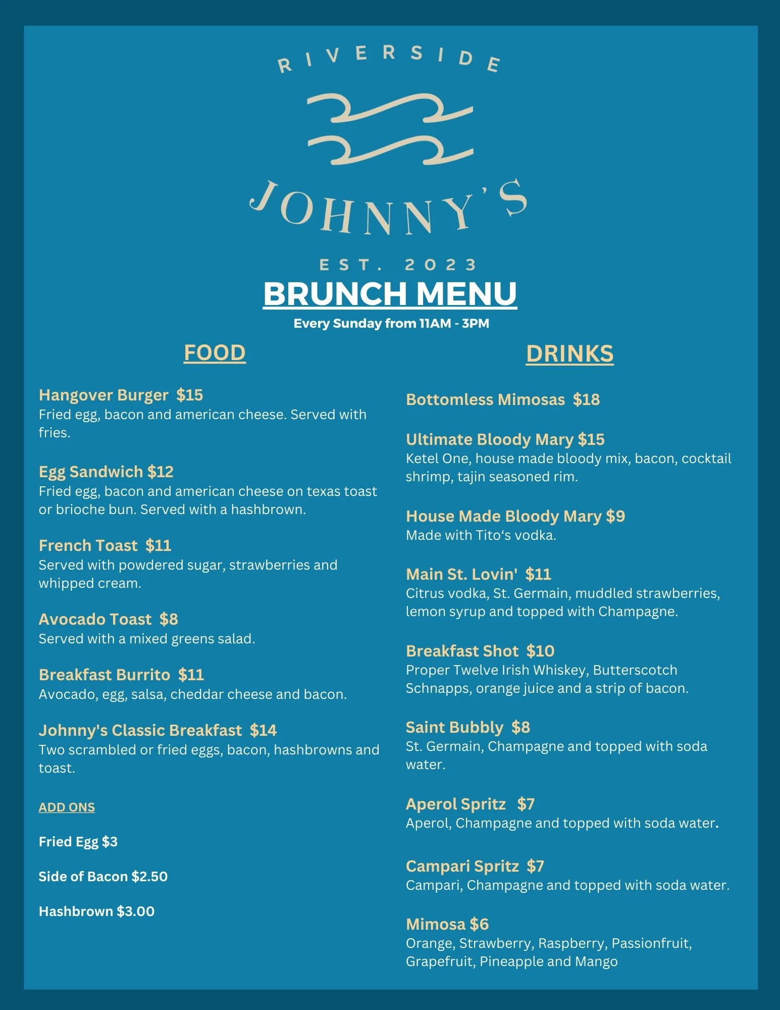 Menu — Riverside Johnny's