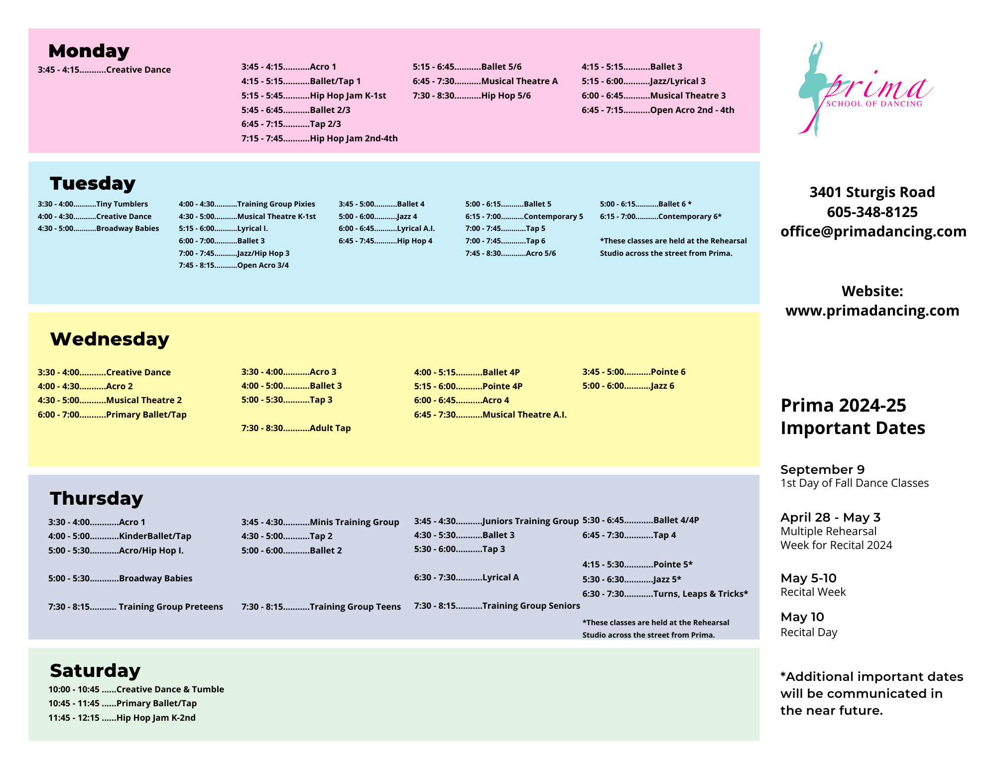 Schedule of Dance Classes in Rapid City | Prima School of Dancing