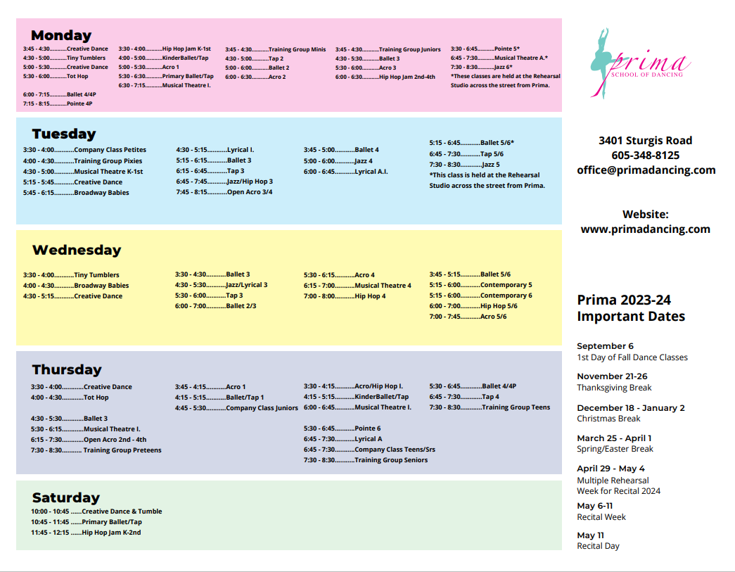 Schedule of Dance Classes in Rapid City | Prima School of Dancing