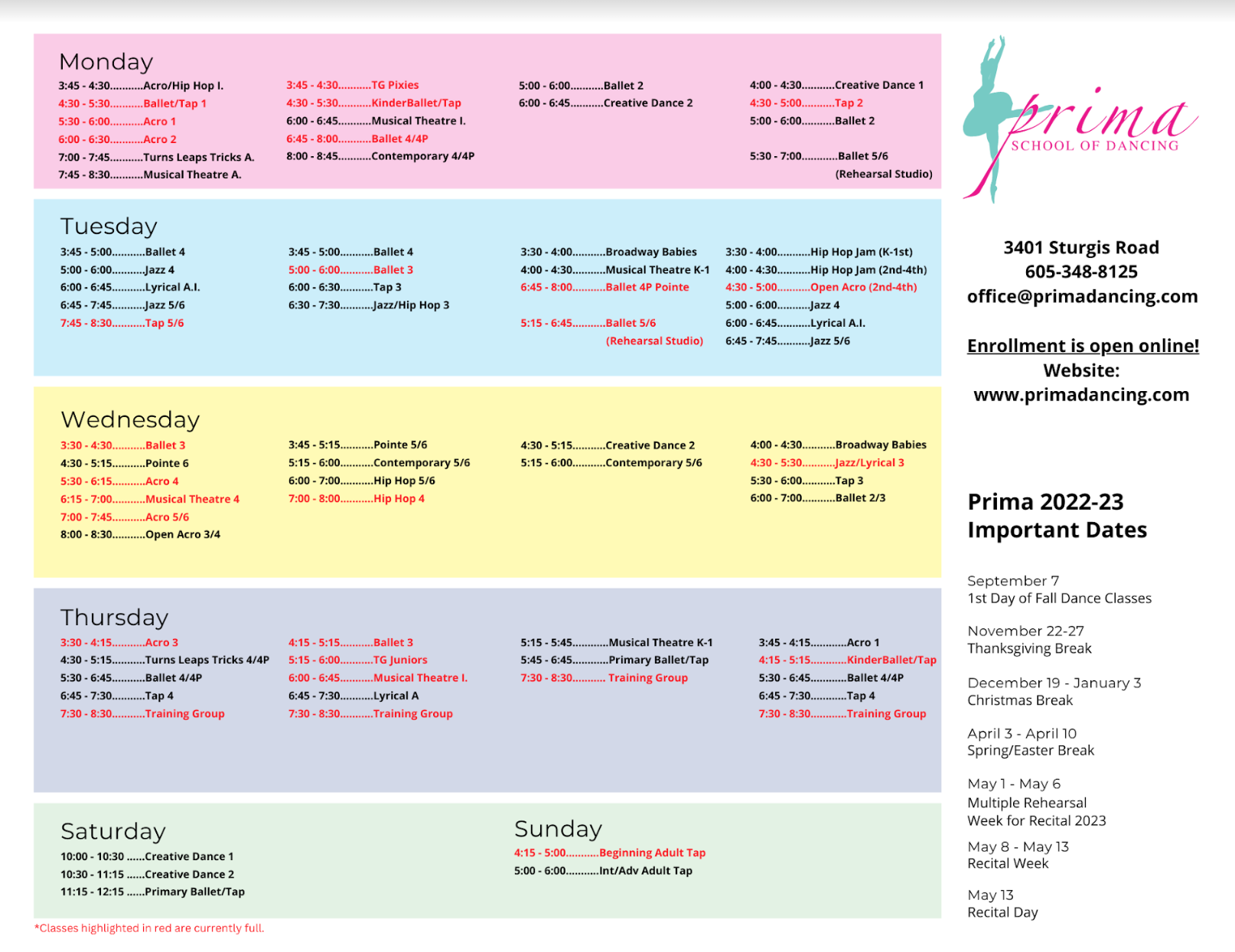 Schedule of Dance Classes in Rapid City | Prima School of Dancing