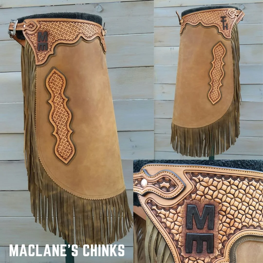 Custom Men's Light Brown Chaps With Tooled Yoke Nailheads