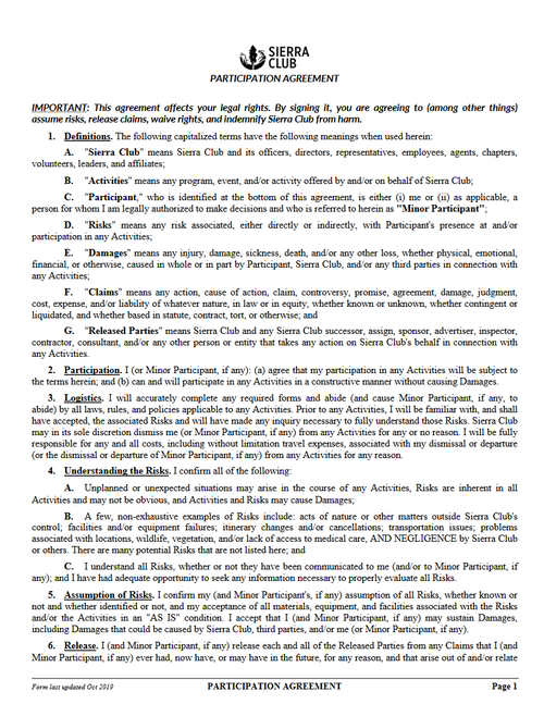 Participant Waiver — Sierra State Parks Foundation