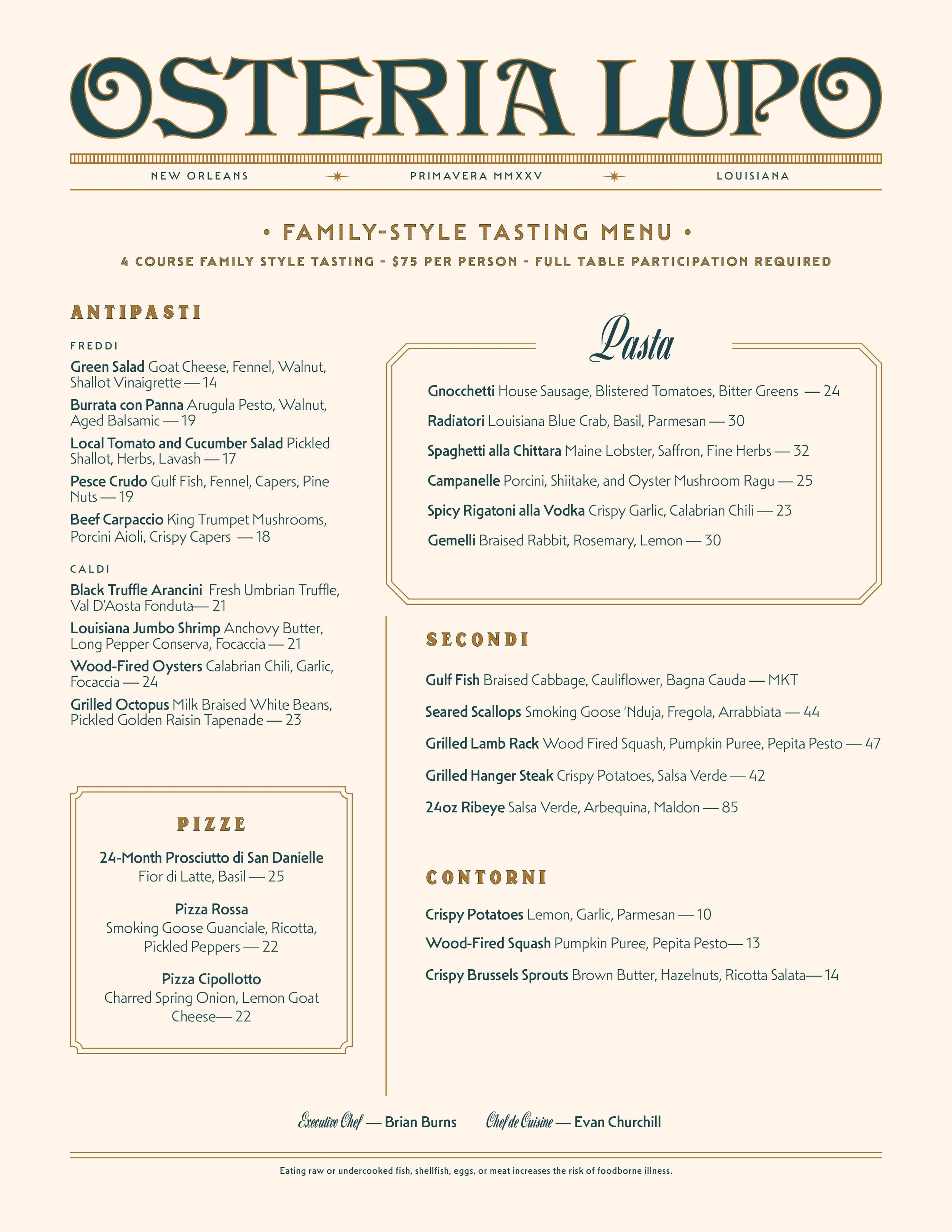 Lunch & Dinner Menu — Osteria Lupo