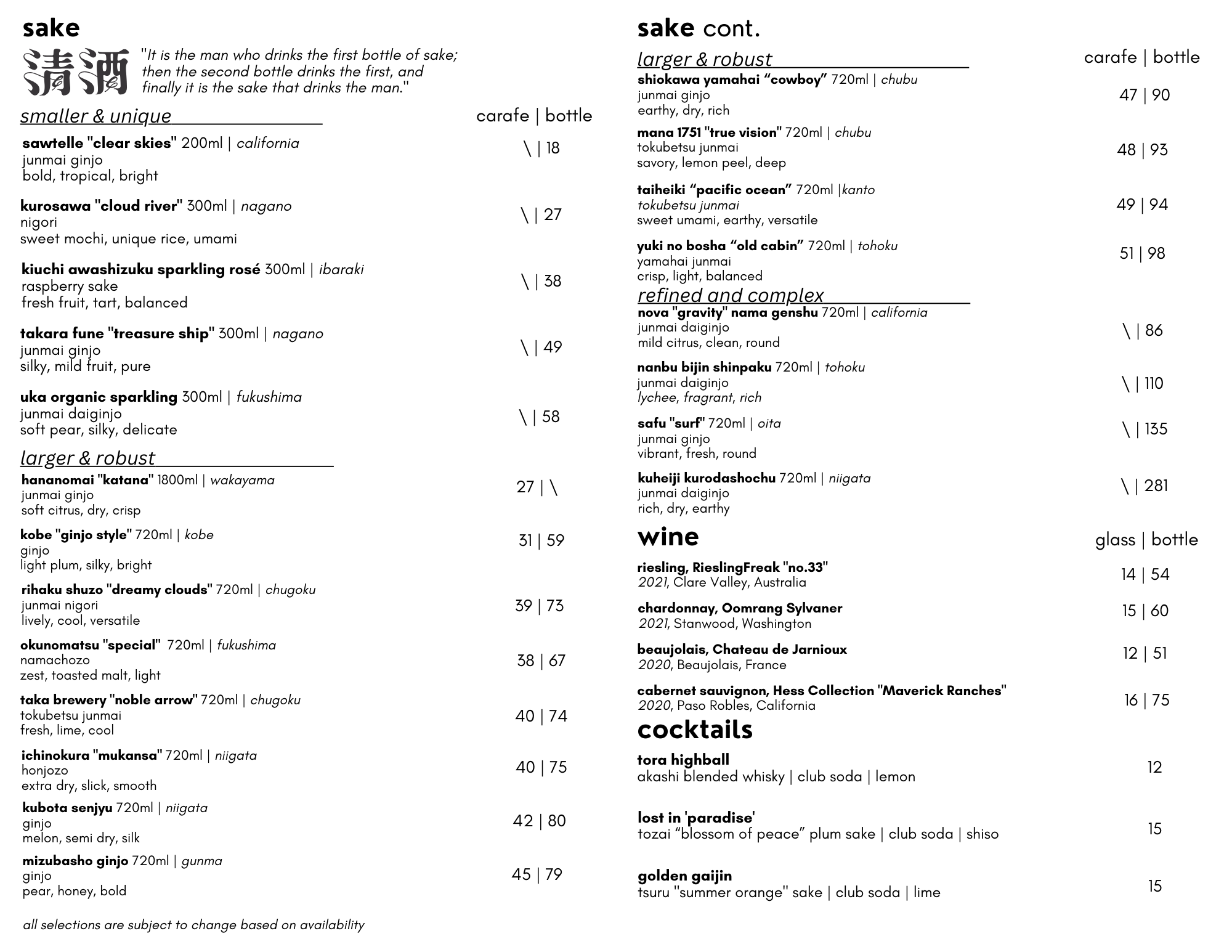 Menus — izakaya tora