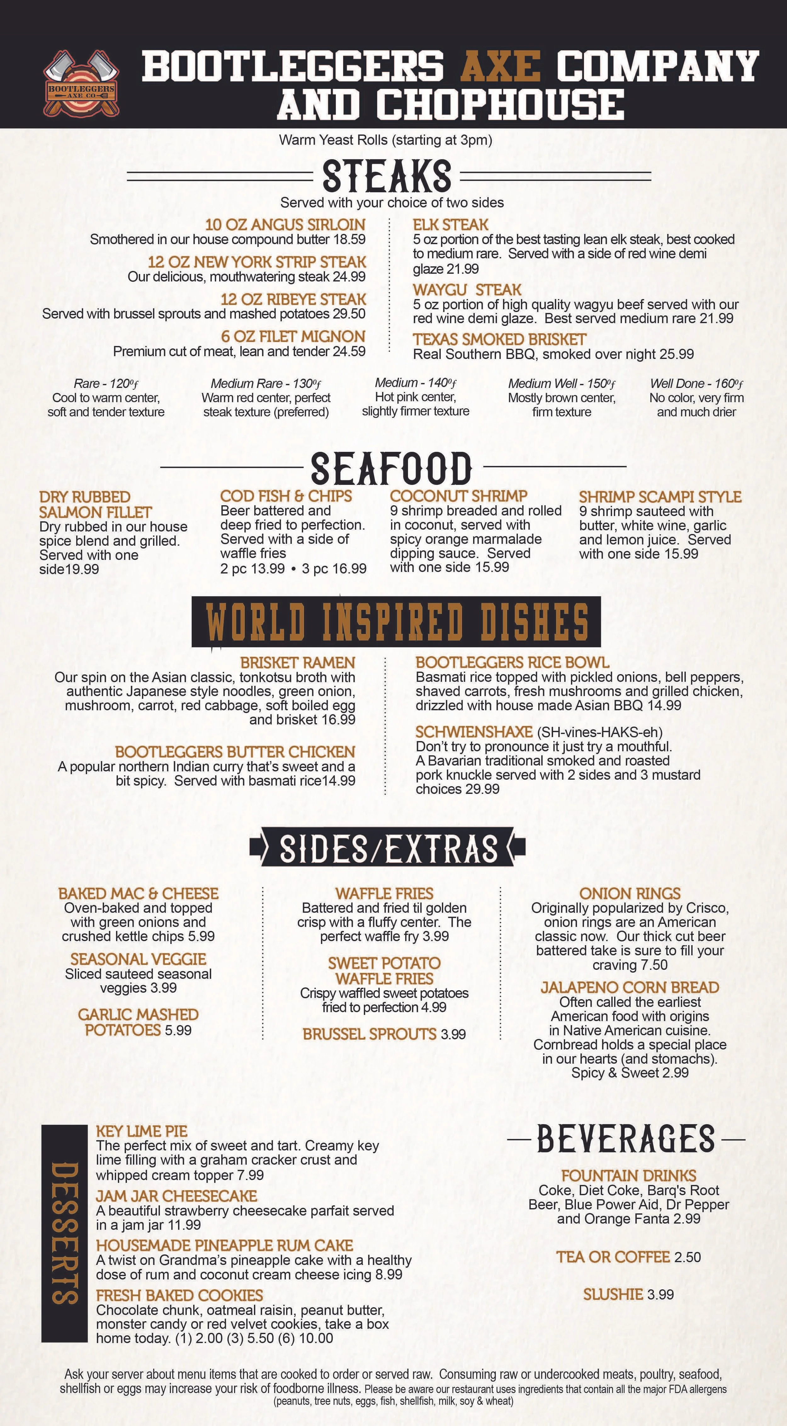 Menus — Bootleggers Axe Co.
