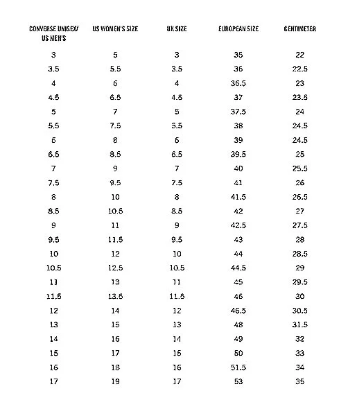 Converse Sneakers Size Chart
