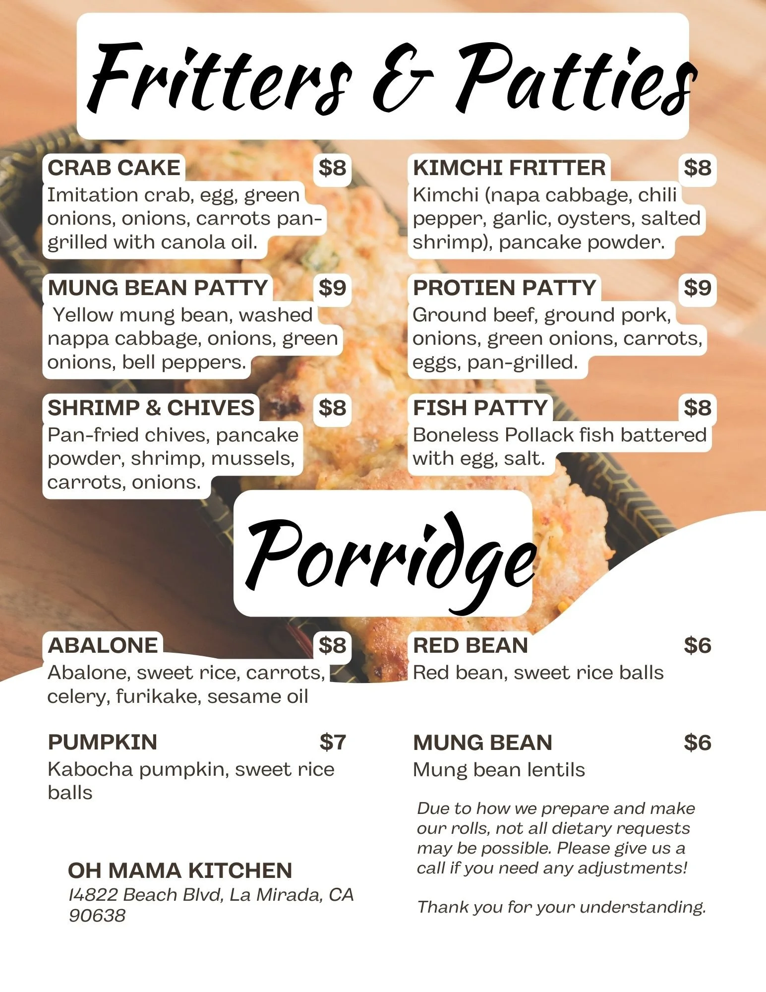 Menu — Oh Mama Kitchen