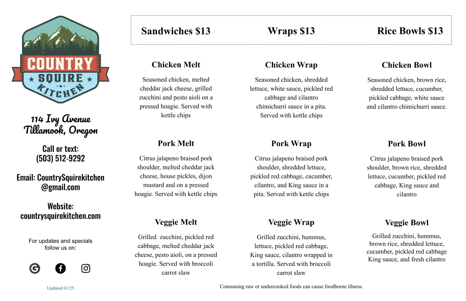 Food Menu — Country Squire Kitchen