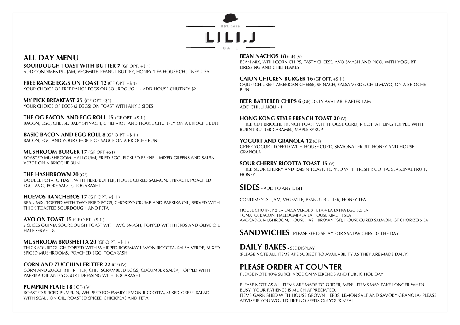 Our yummy Menu — Lilli J Cafe