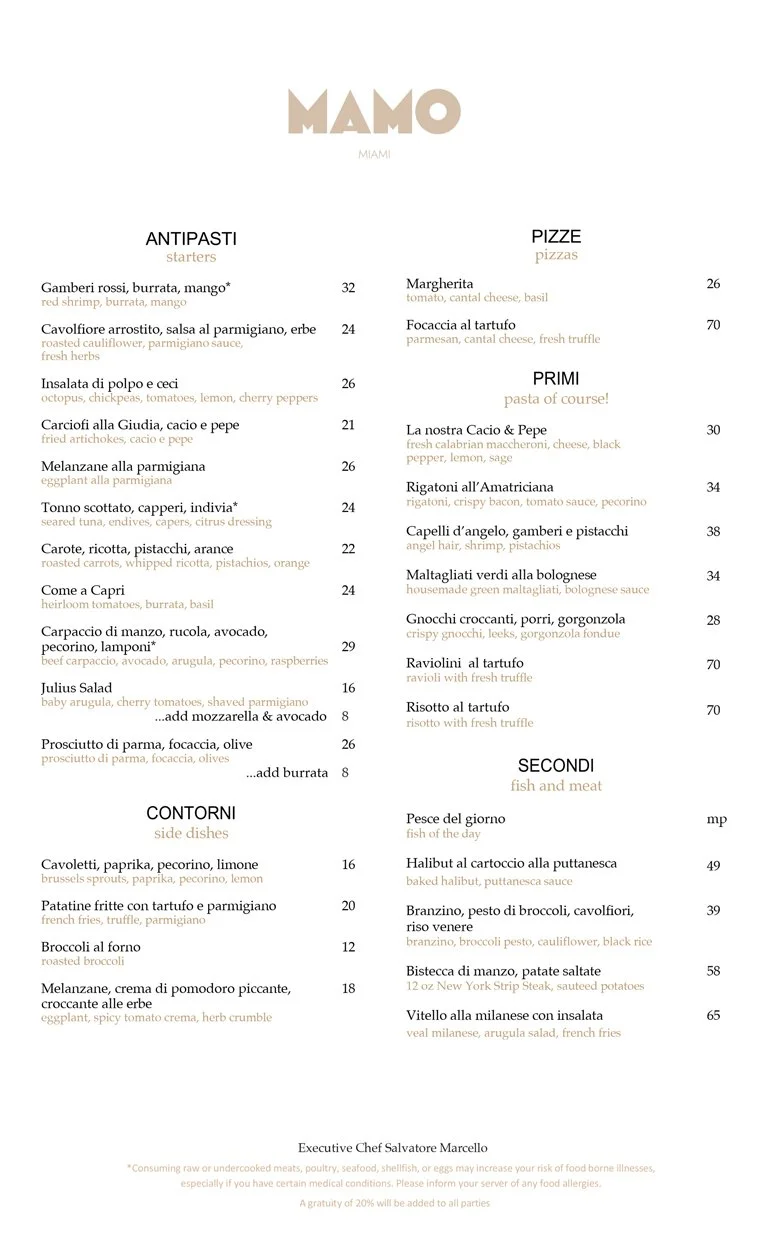 Menu 1 — MAMO Italian Restaurant