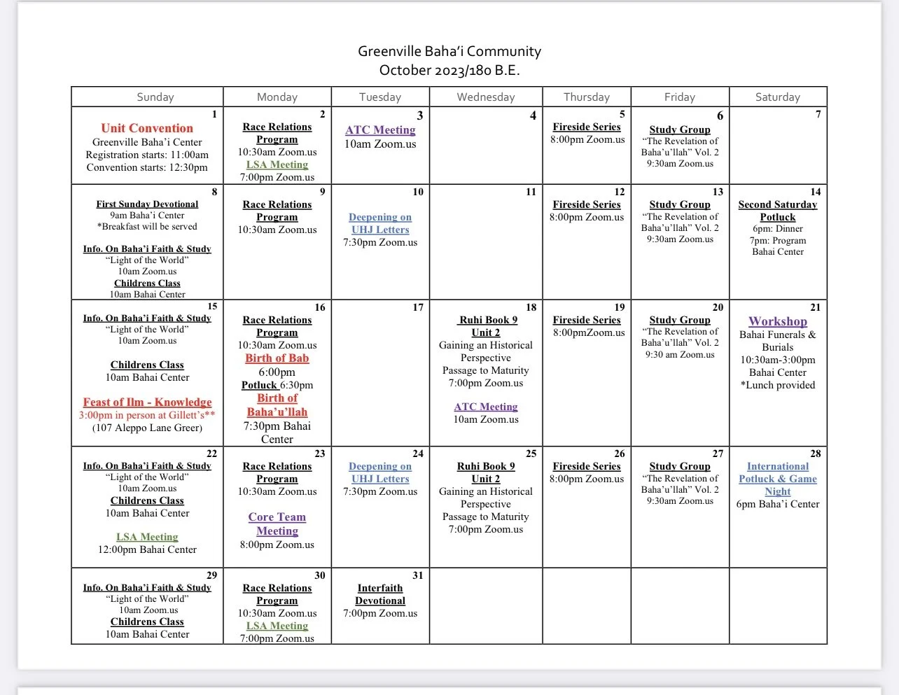 Calendar — Bahá’í Faith in Greenville, SC