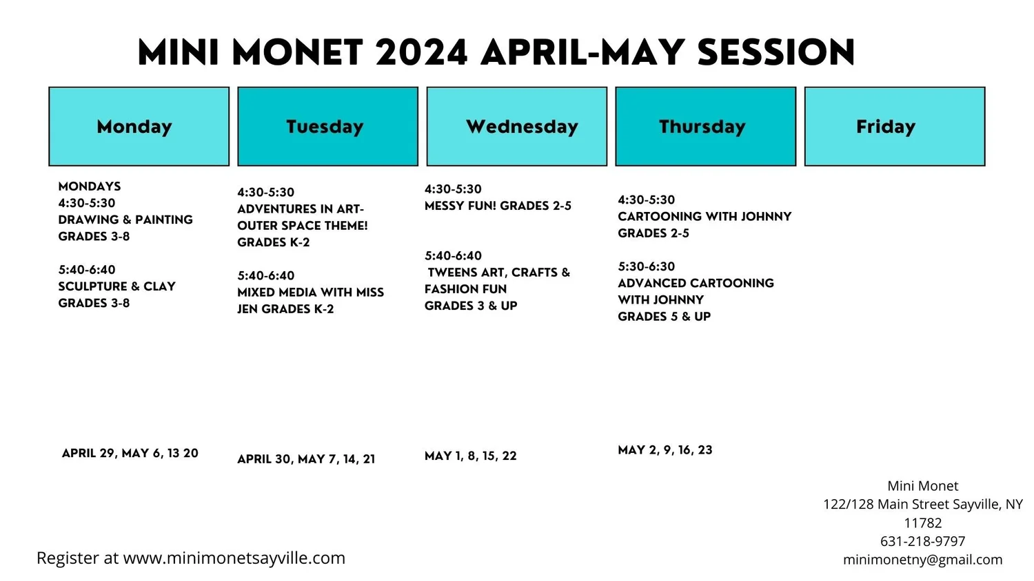 Class Schedule — mini monet art studio