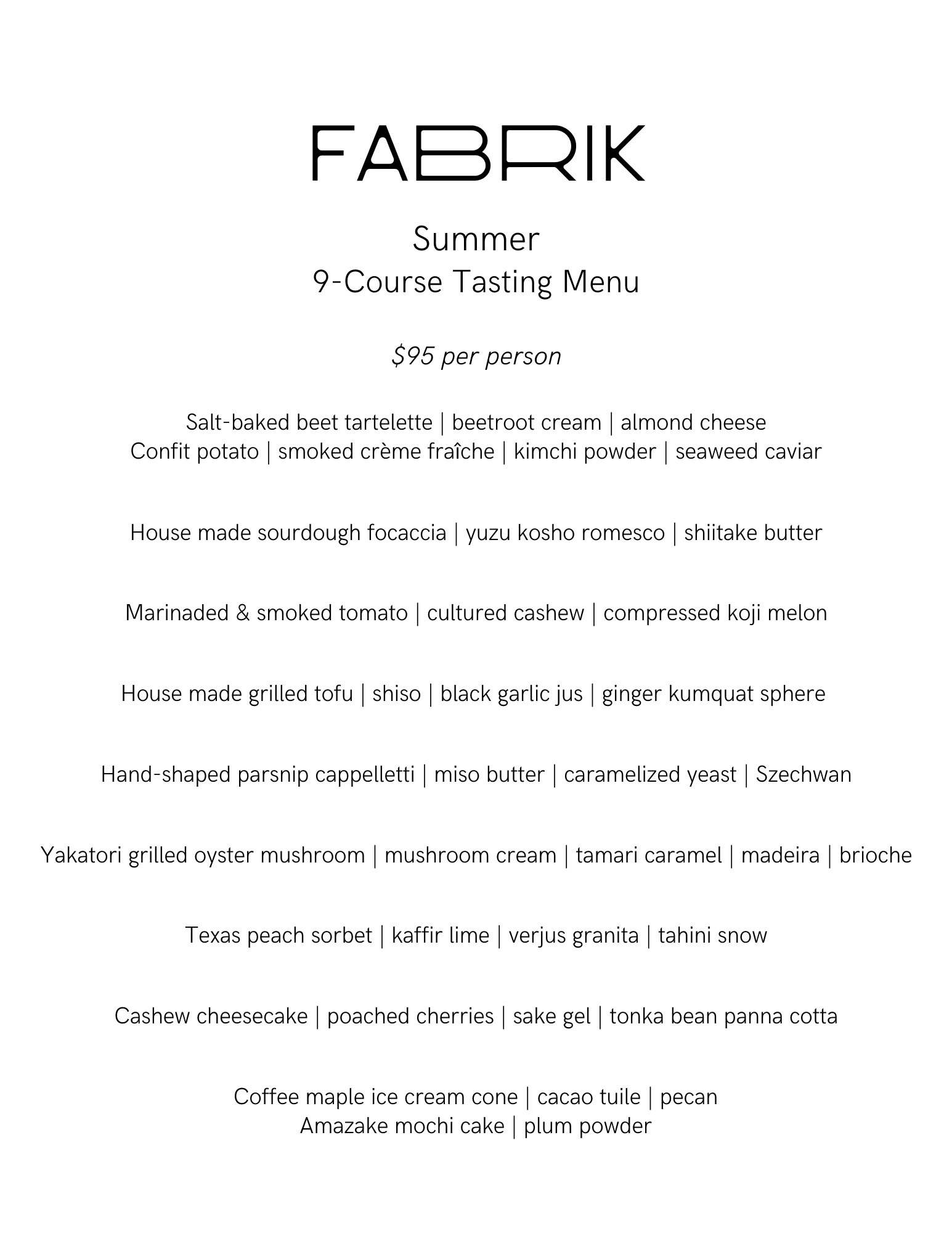 9 Course Menu — Fabrik Austin