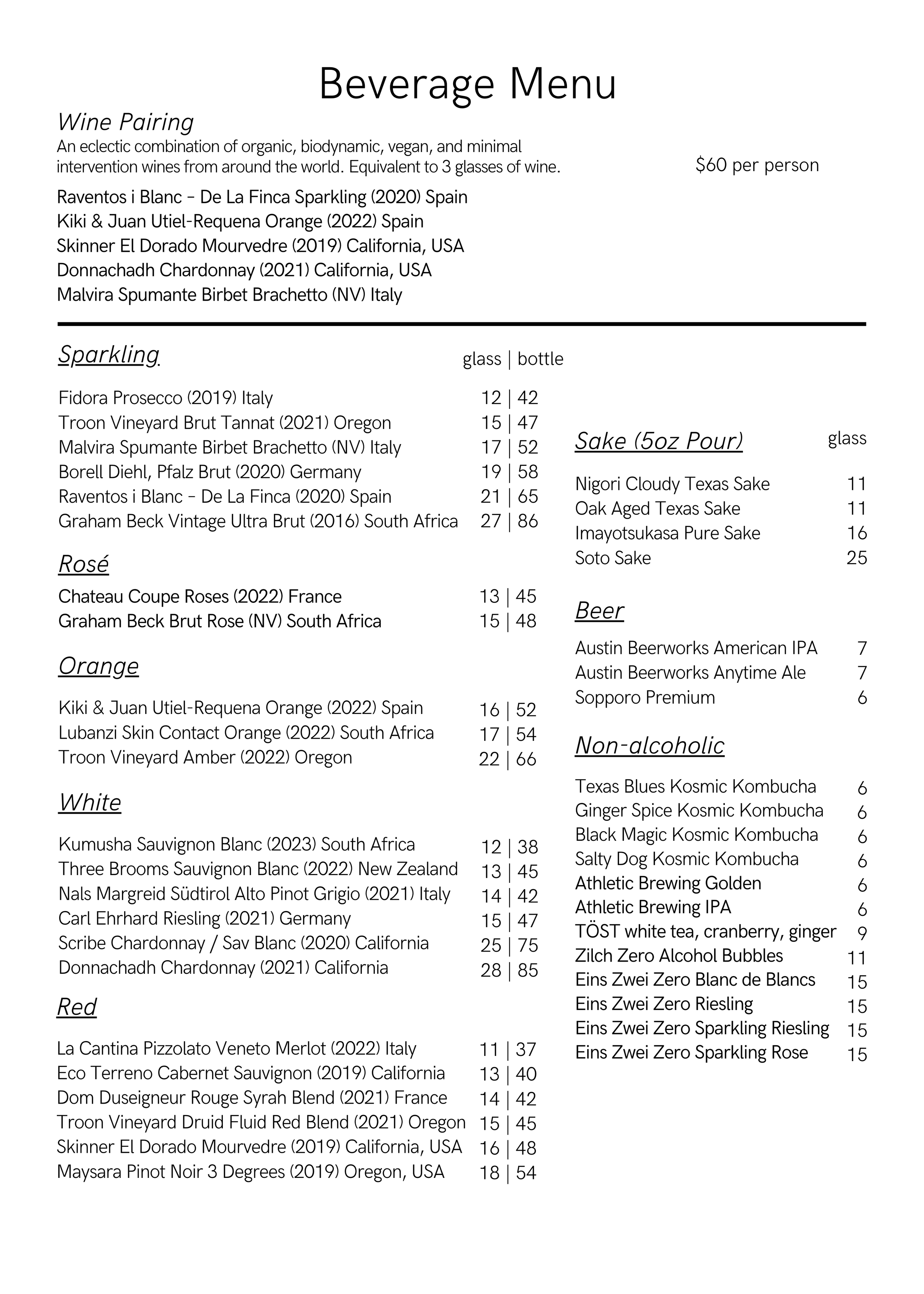 Beverage Menu — Fabrik Austin