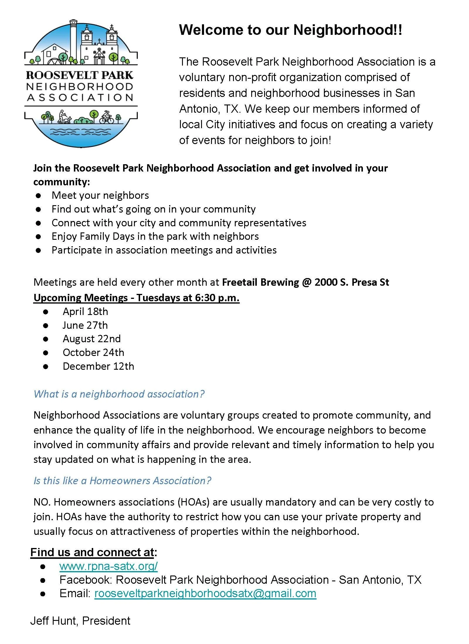 Welcome Letter — Roosevelt Park Neighborhood Association