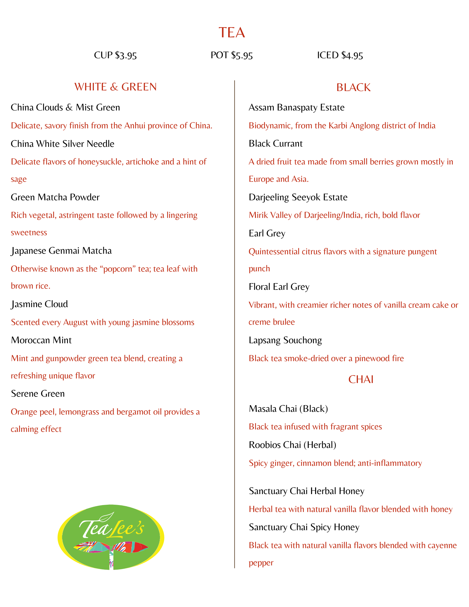 Menu — TeaLee's Tea House & Bookstore