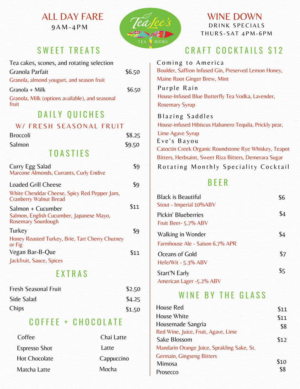 Menu — TeaLee's Tea House & Bookstore