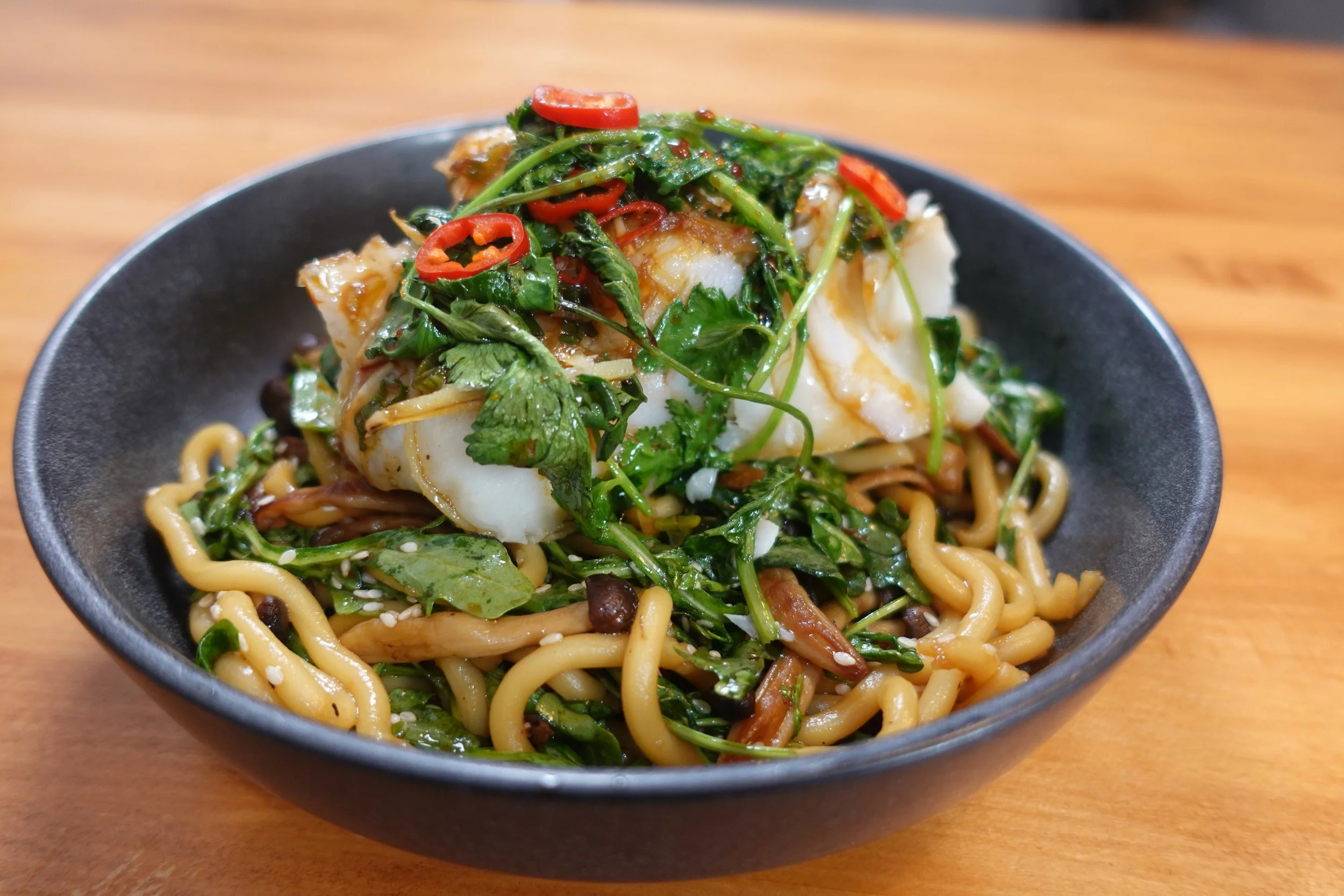 Steamed Fish w/ Warm Mushroom-Udon Salad — recipes by cheffinwithzach