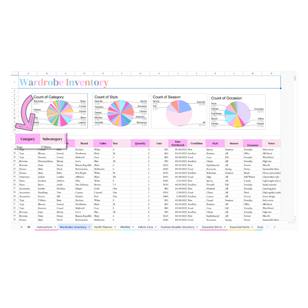 Wardrobe Inventory Spreadsheet Tracker — Autum Love