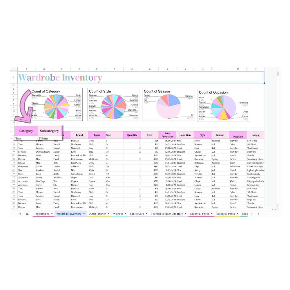 Wardrobe Inventory Spreadsheet Tracker — Autum Love