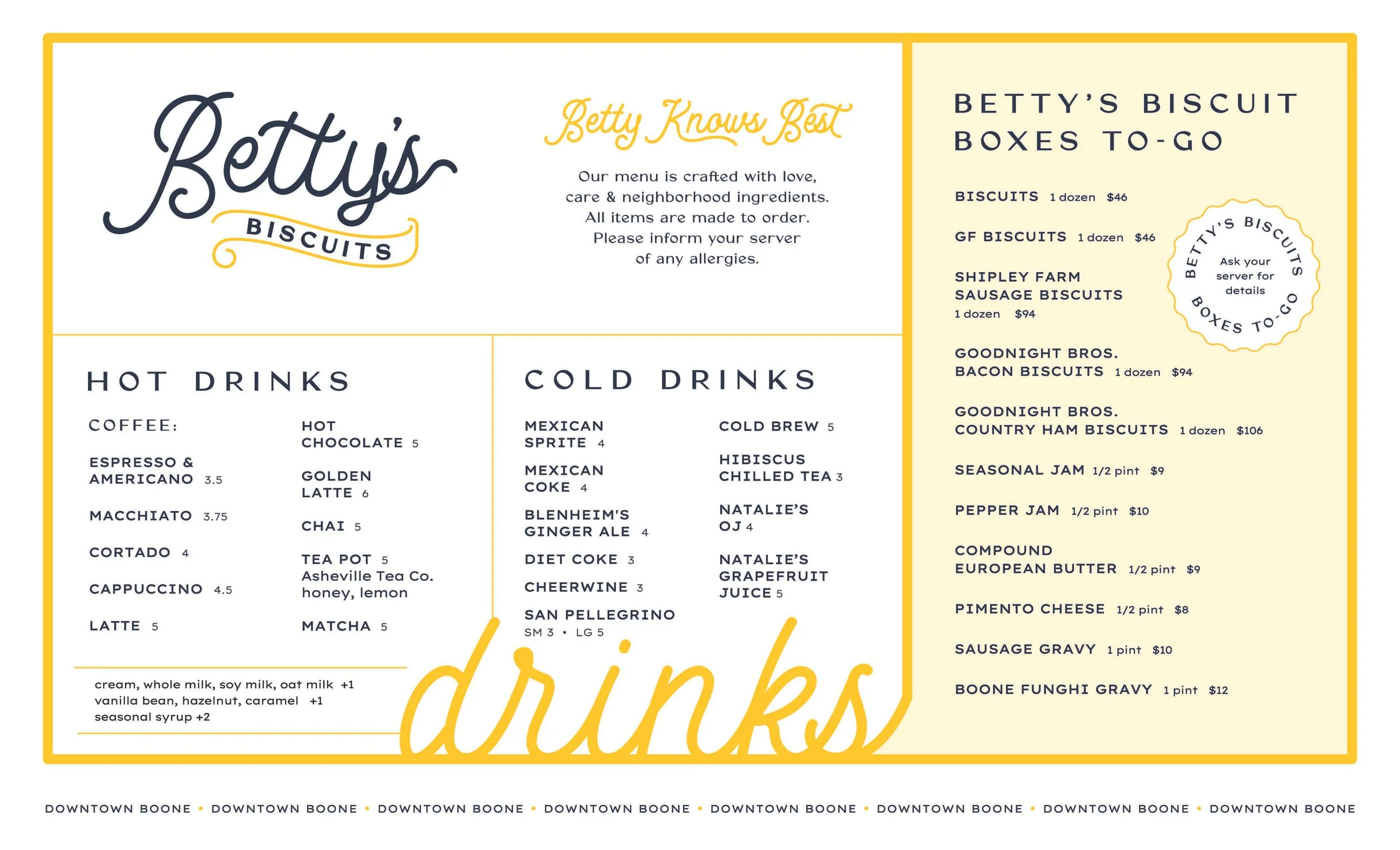 Menu — Betty's Biscuits
